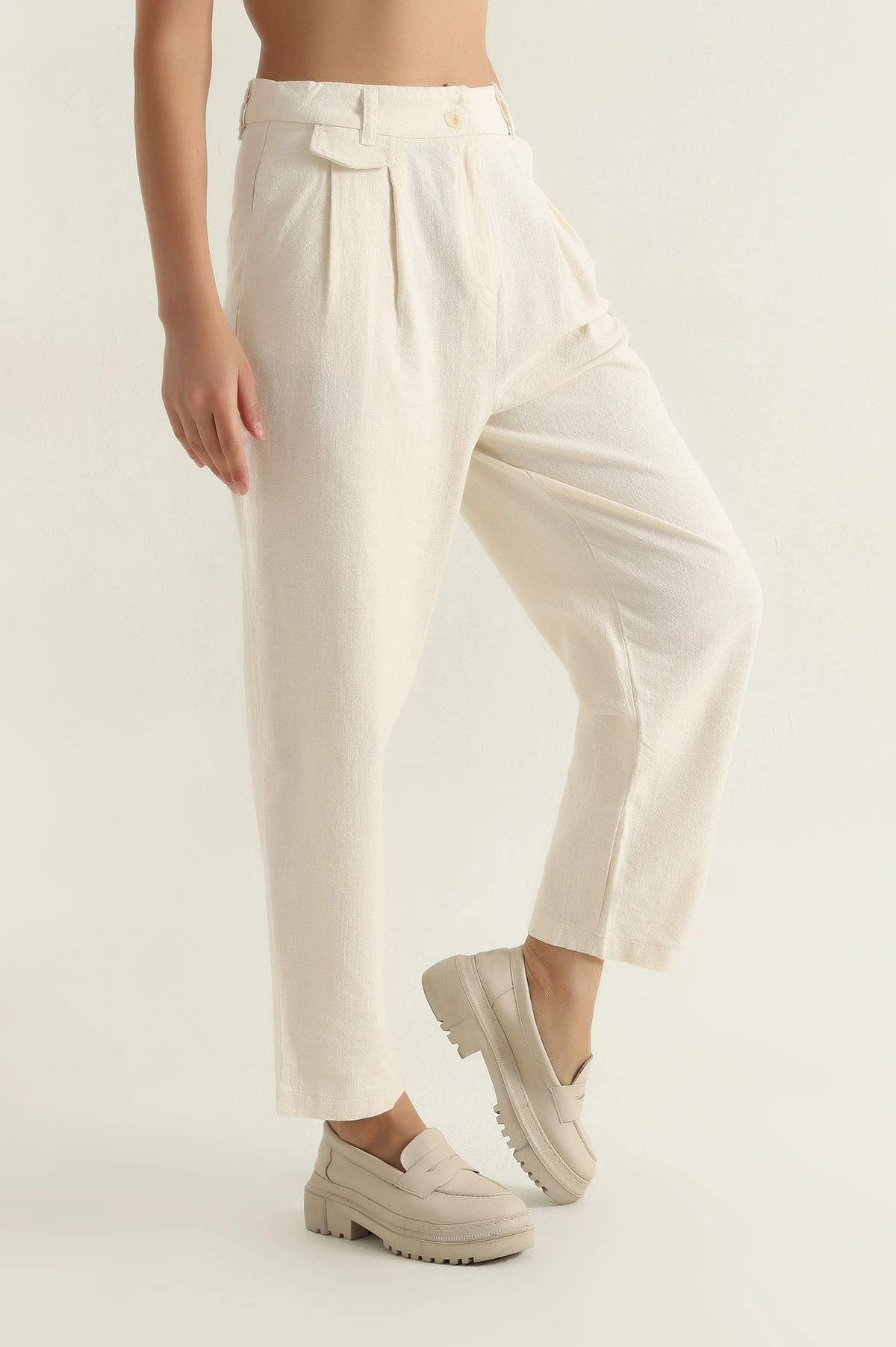 Krem Hasır Keten Şalvar Kadın Pantolon 361334