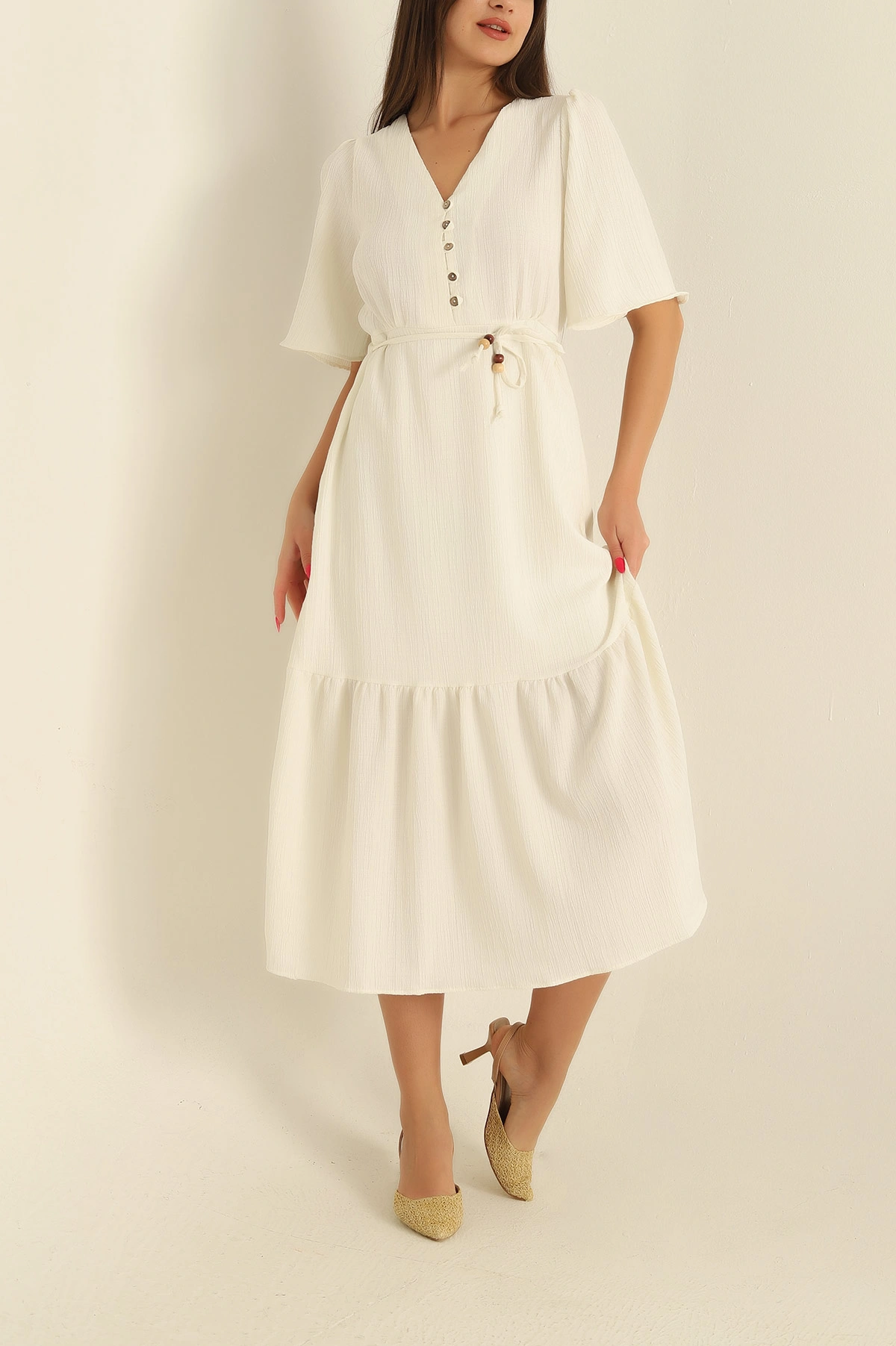 Krem Kendinden Kemerli Krinkıl Dokuma Elbise 278803 | ModamızBir ...