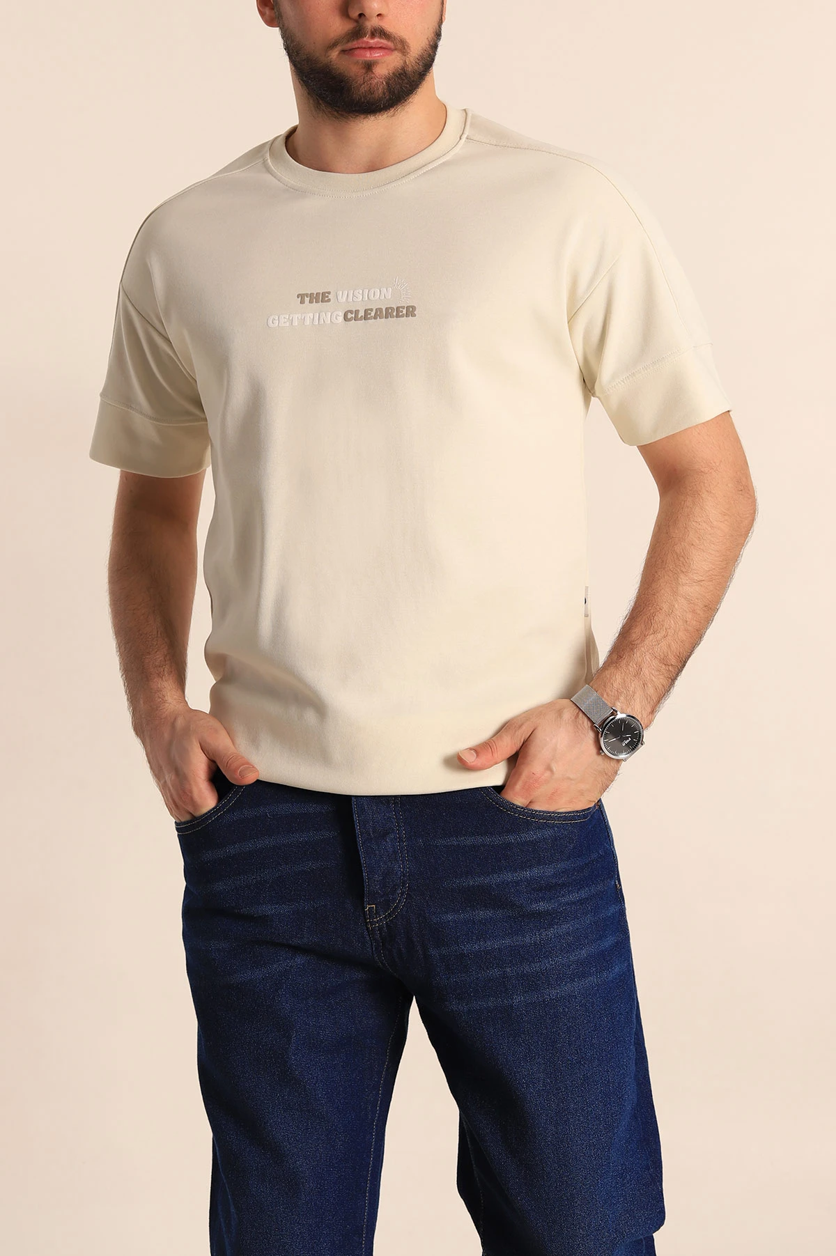 Krem Oversize Yazı Detaylı Erkek Tişört 244672 | ModamızBir ...