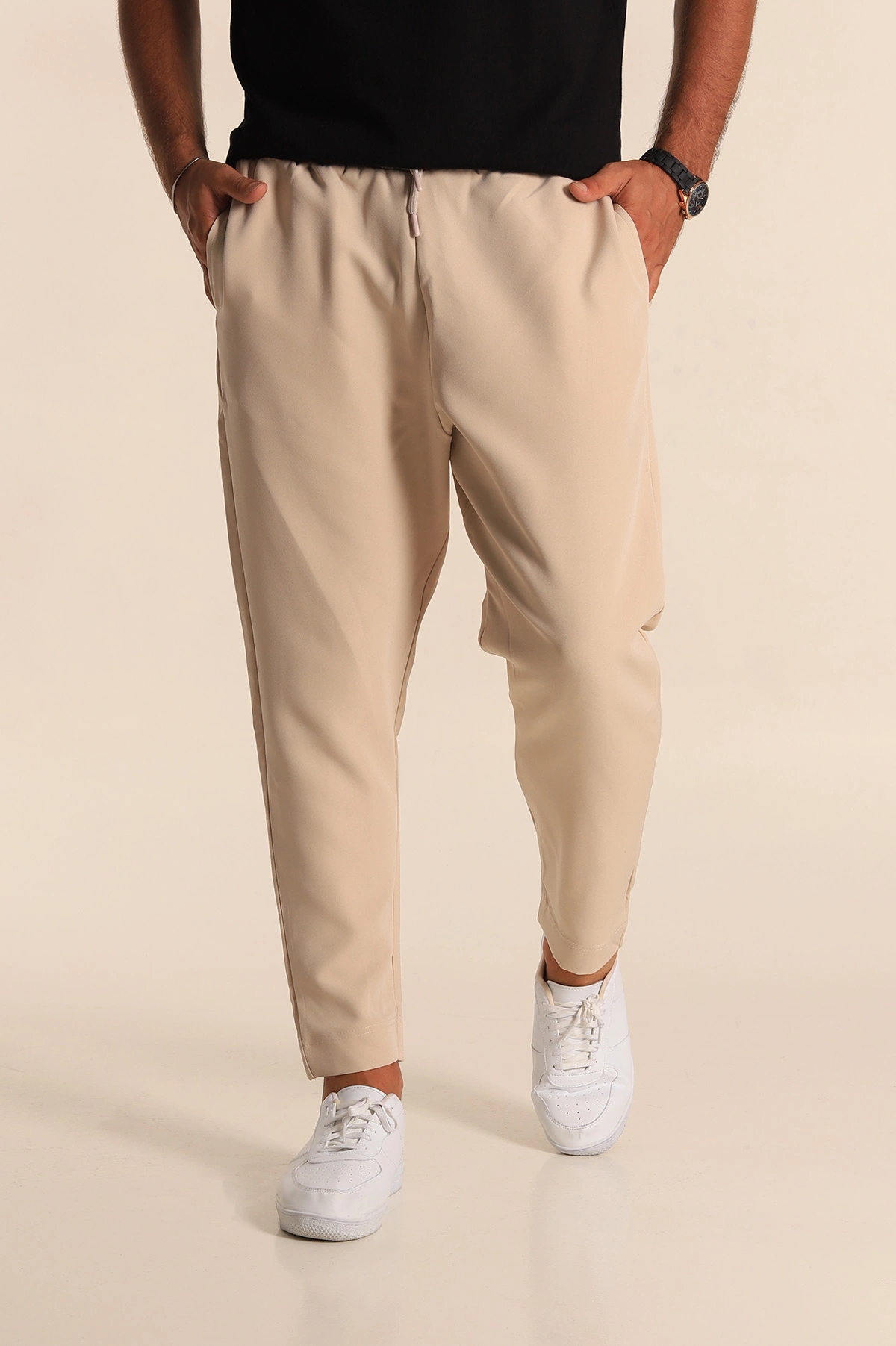 Krem Relaxed Fit Belden Bağlamalı Duble Paça Erkek Eşofman Altı 276816