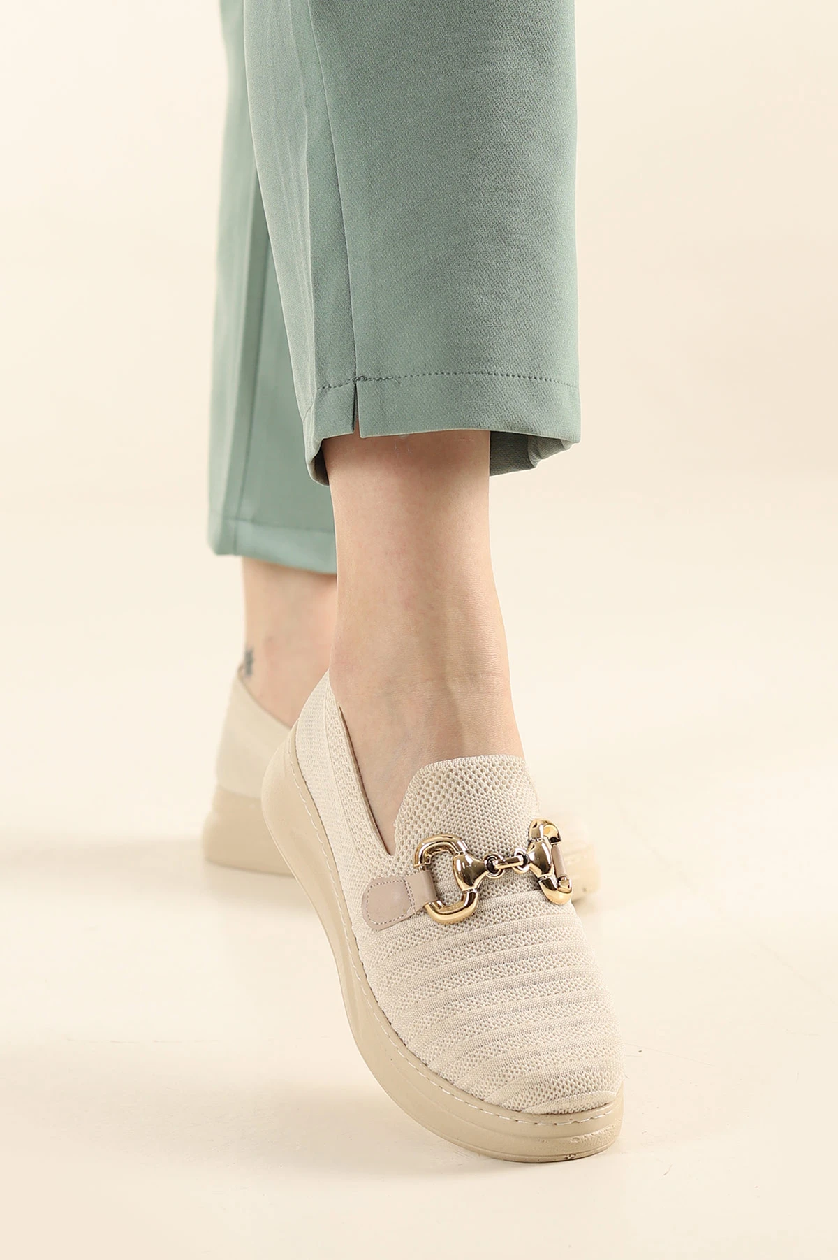 Krem Triko Gold Tokalı Kadın Loafer Ayakkabı 286254 | ModamızBir ...