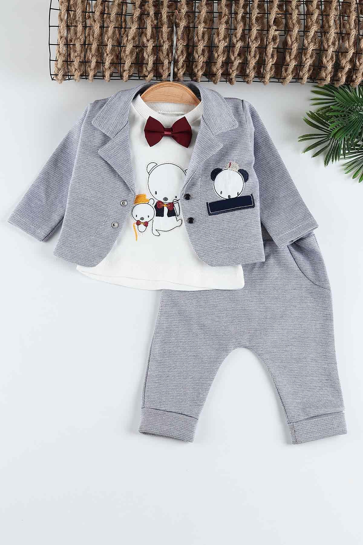 Lacivert (3-6 Ay) Papyonlu Ayı Nakışlı Ceketli 3'lü Erkek Bebe Takım ...