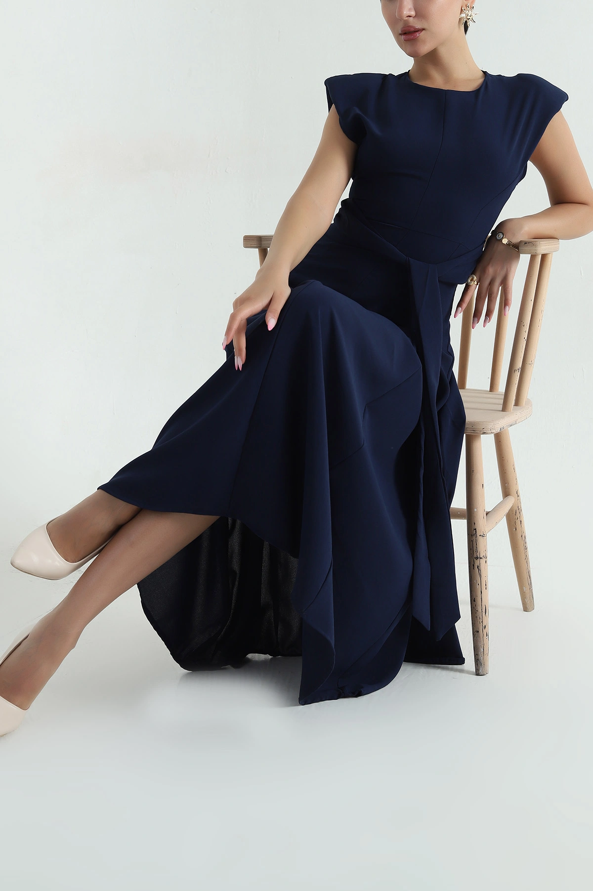 Lacivert Beli Bağlamalı Crep Kadın Elbise 376386