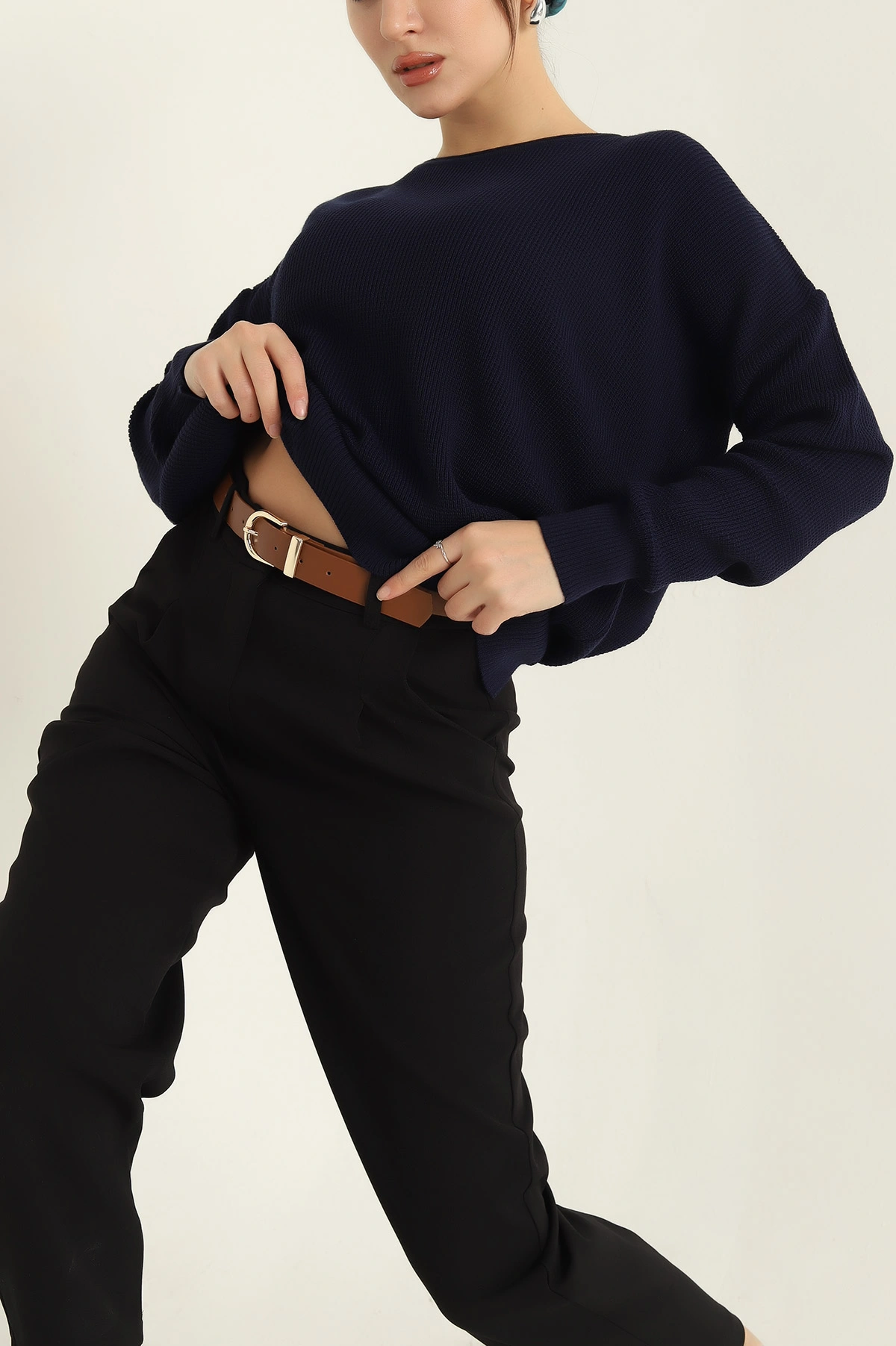 Lacivert Bisiklet Yaka Triko Bayan Kazak 324808