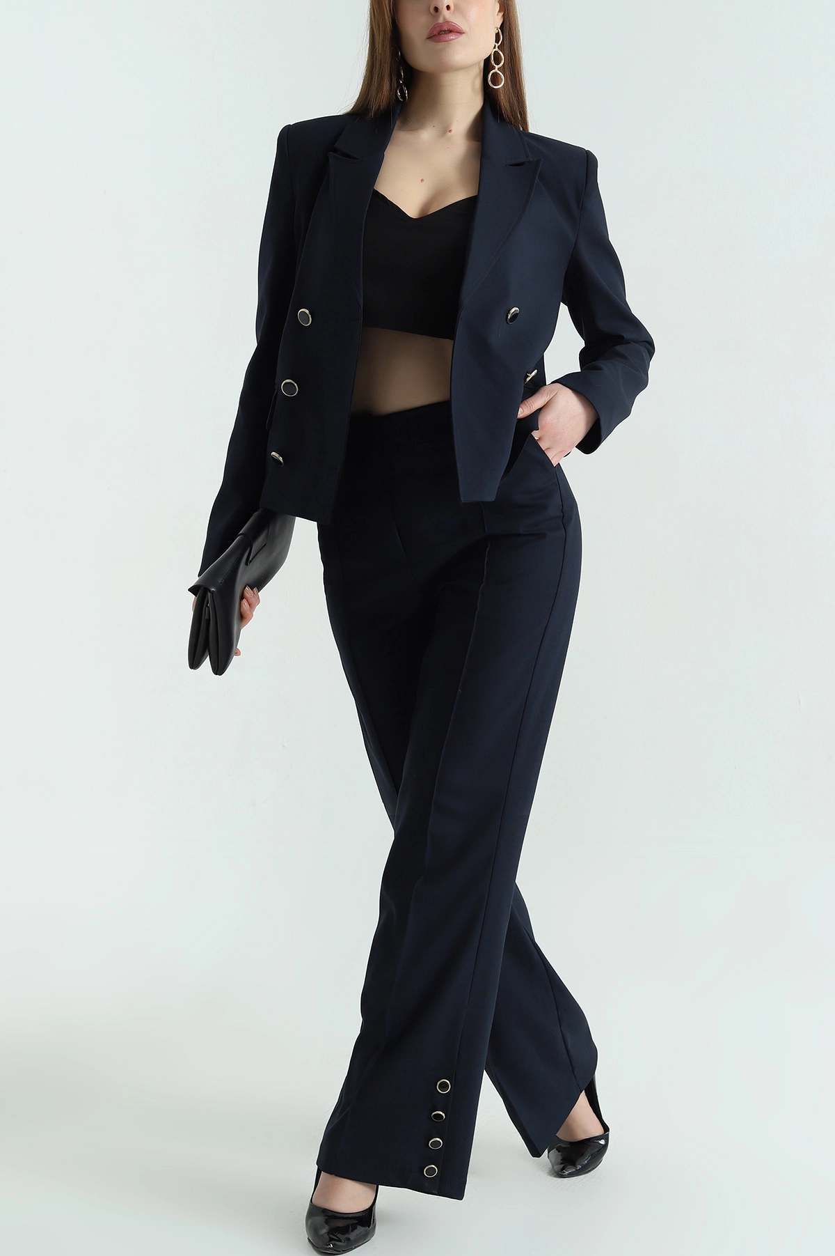 Lacivert Çimalı Düğmeli Ceket Pantolon Poliviskon İkili Takım 334303