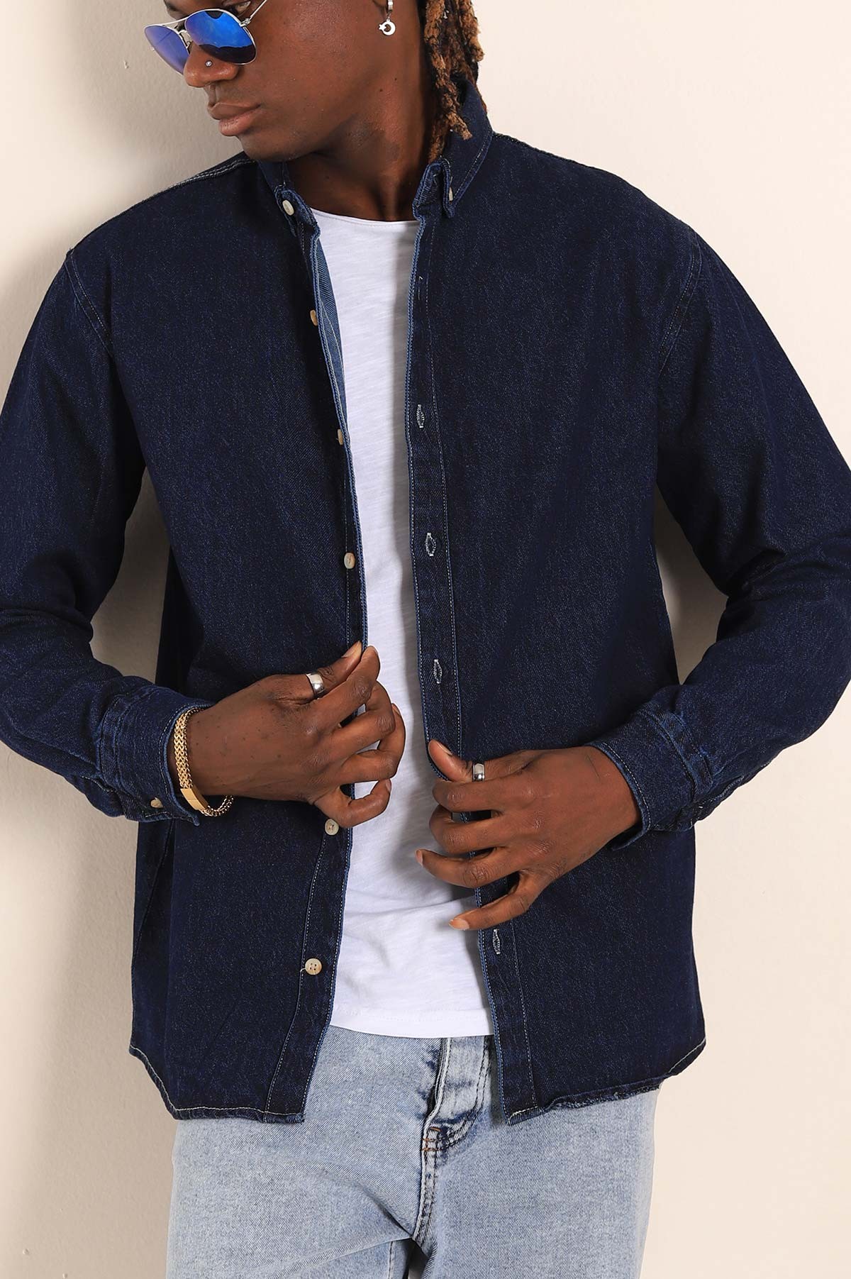 Lacivert Düz Kalıp Cepsiz Kalın Kot Gömlek 202000 | ModamızBir ...