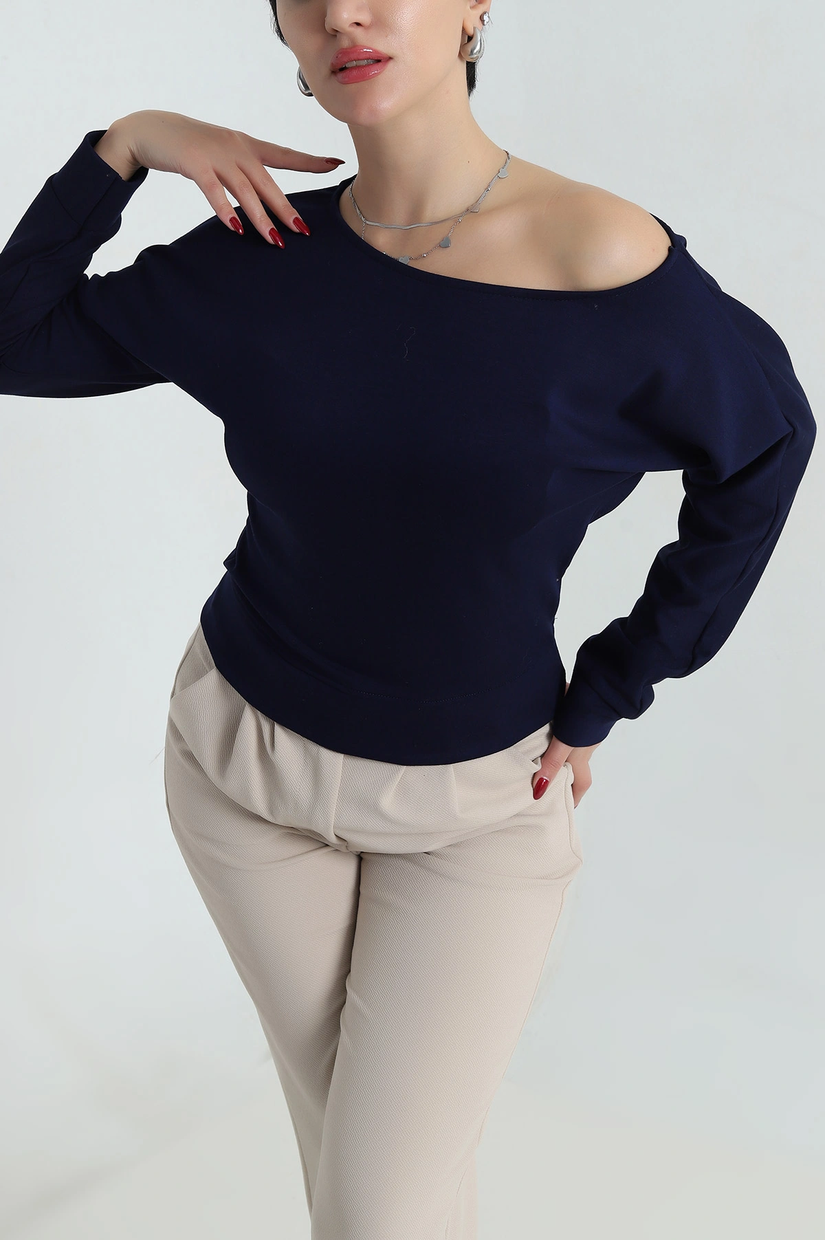 Lacivert Geniş Yaka Likralı Modal Kadın Bluz 415254