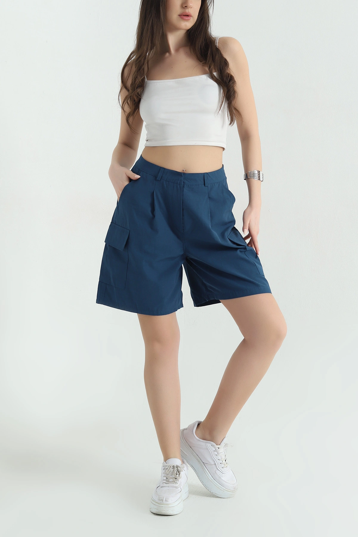 Lacivert Kargo Cepli Poplin Kadın Şort 352174