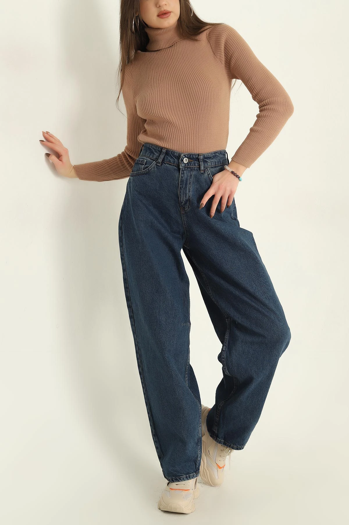 Lacivert Kemer Detay Baggy Bayan Kot Pantolon 329112