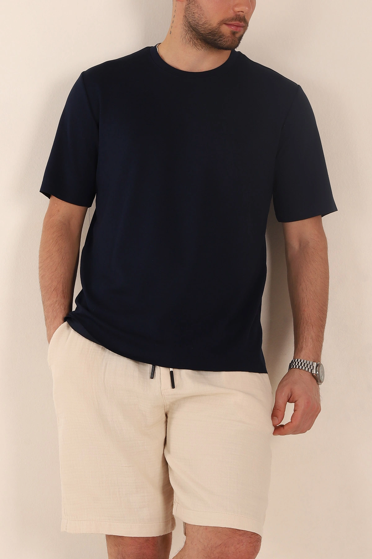 Lacivert Oversize Oysho Kumaş Yırtmaç Detaylı Basic Erkek Tişört 354221