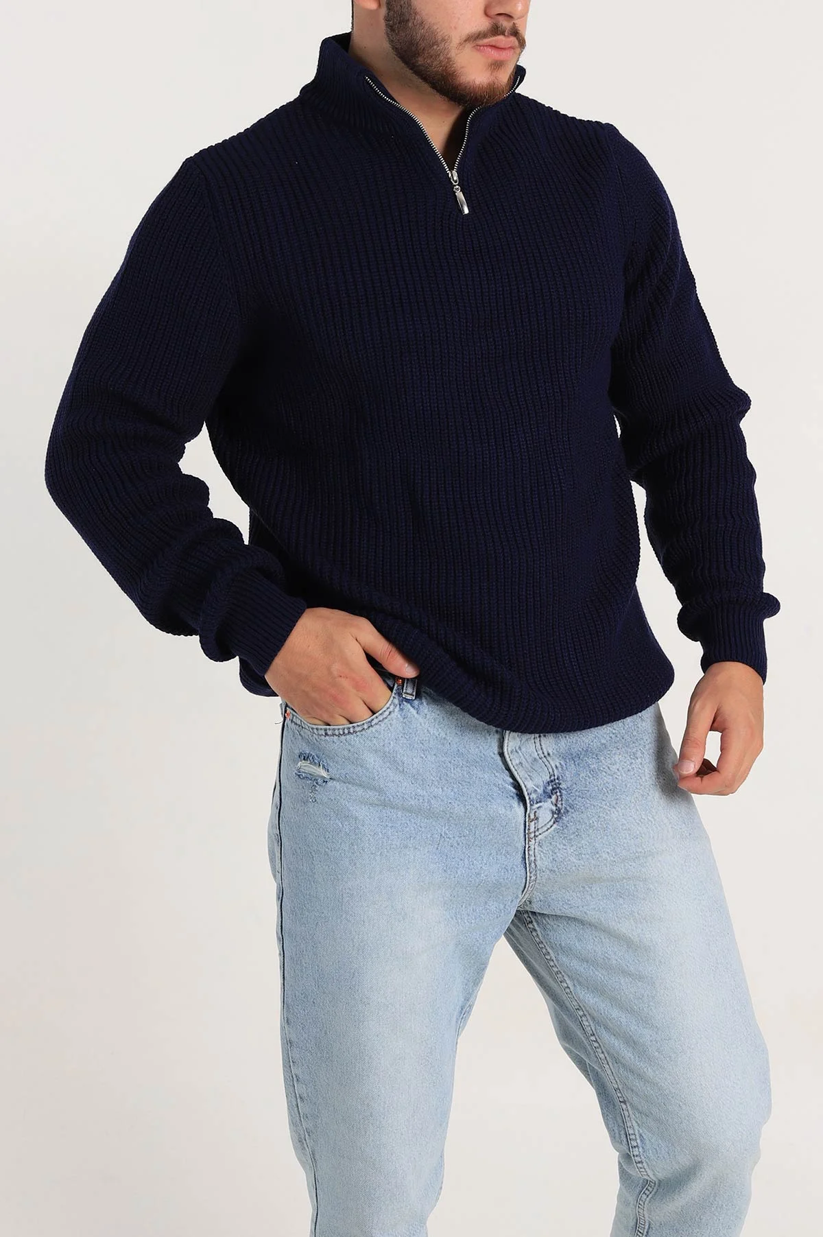 Lacivert Oversize Yarım Fermuarlı Erkek Kalın Örme Kazak 306463