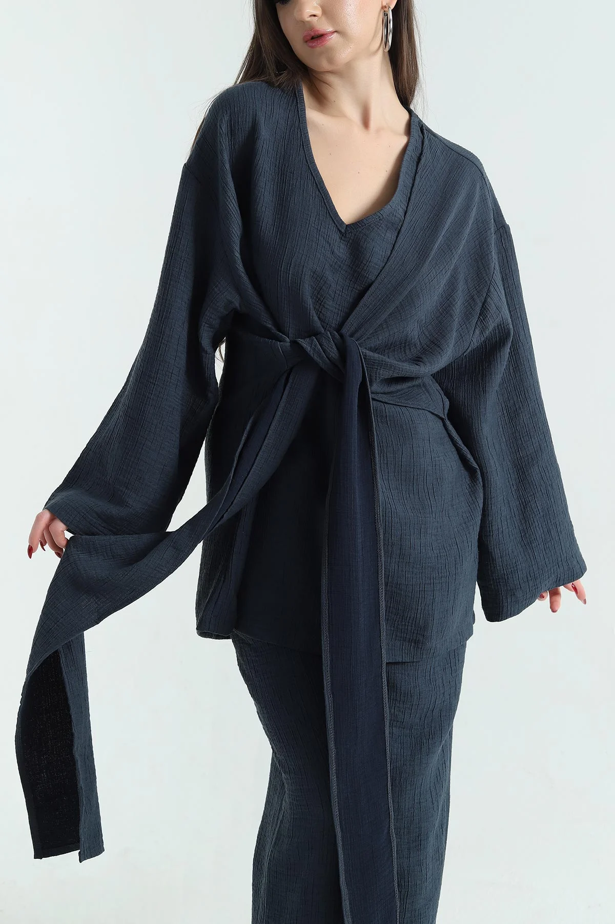 Lacivert Pantolon Kimono Keten Bayan İkili Takım 335073