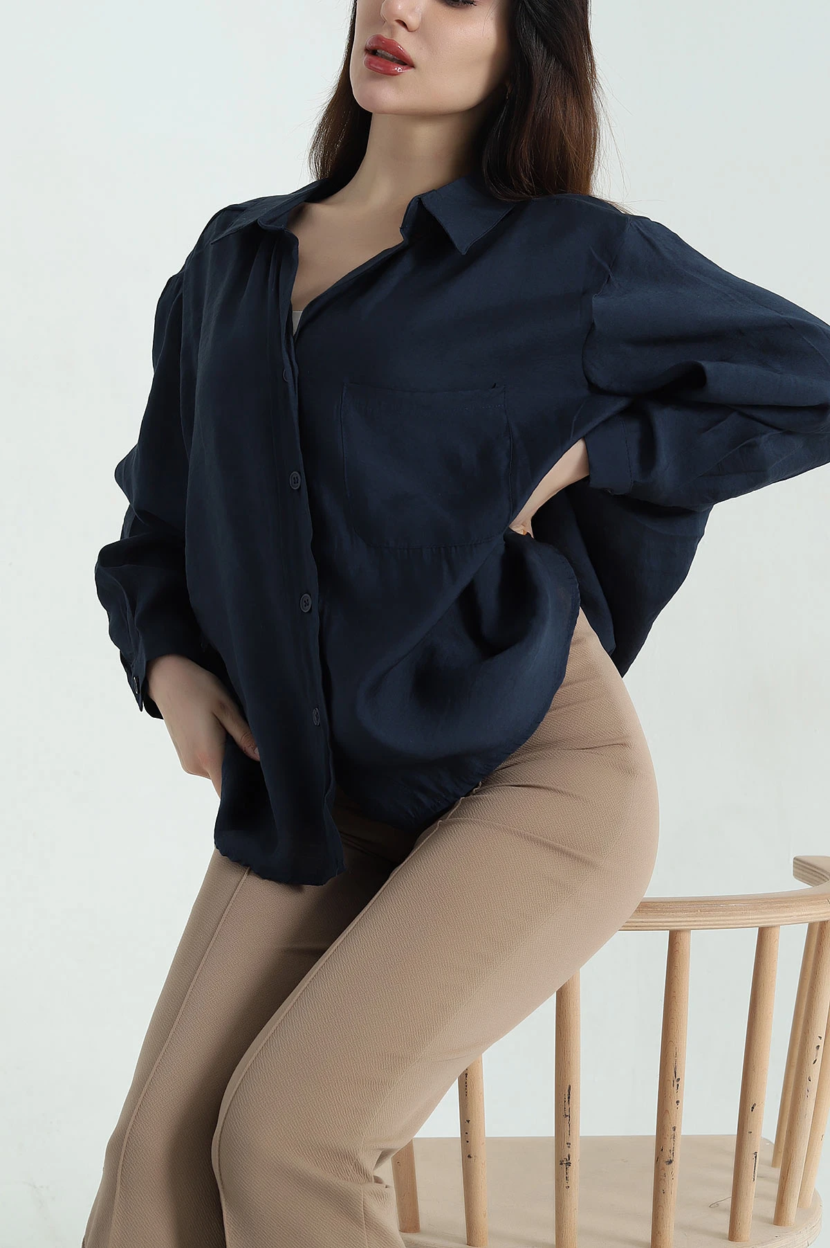 Lacivert Tek Cep Oversize Tencel Kadın Gömlek 352864