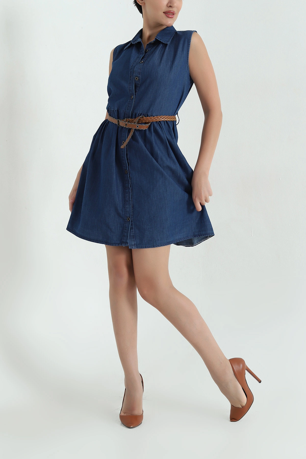 Lacivert Yakalı Boydan Düğmeli Tencel Kot Kadın Elbise 363137