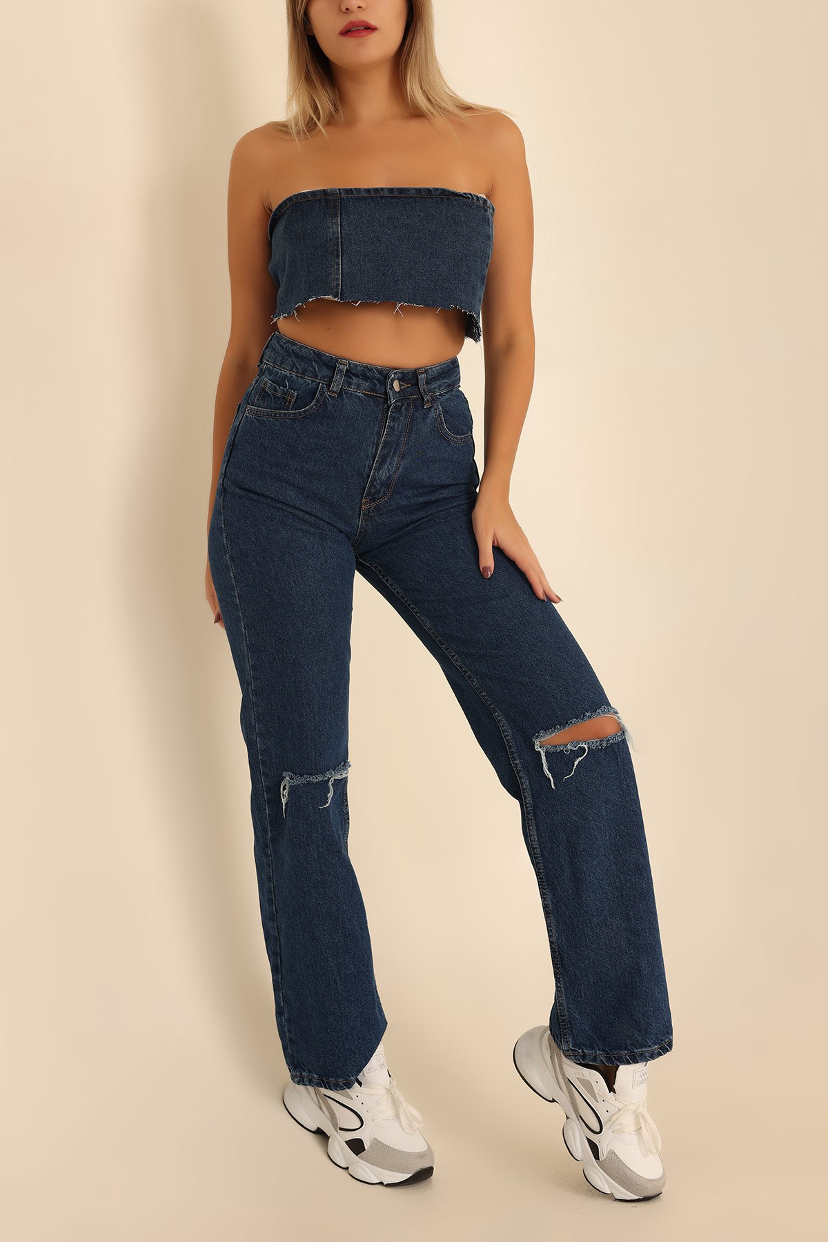 Lacivert Yırtık Palazzo Bayan Kot Pantolon 209651 | ModamızBir ...