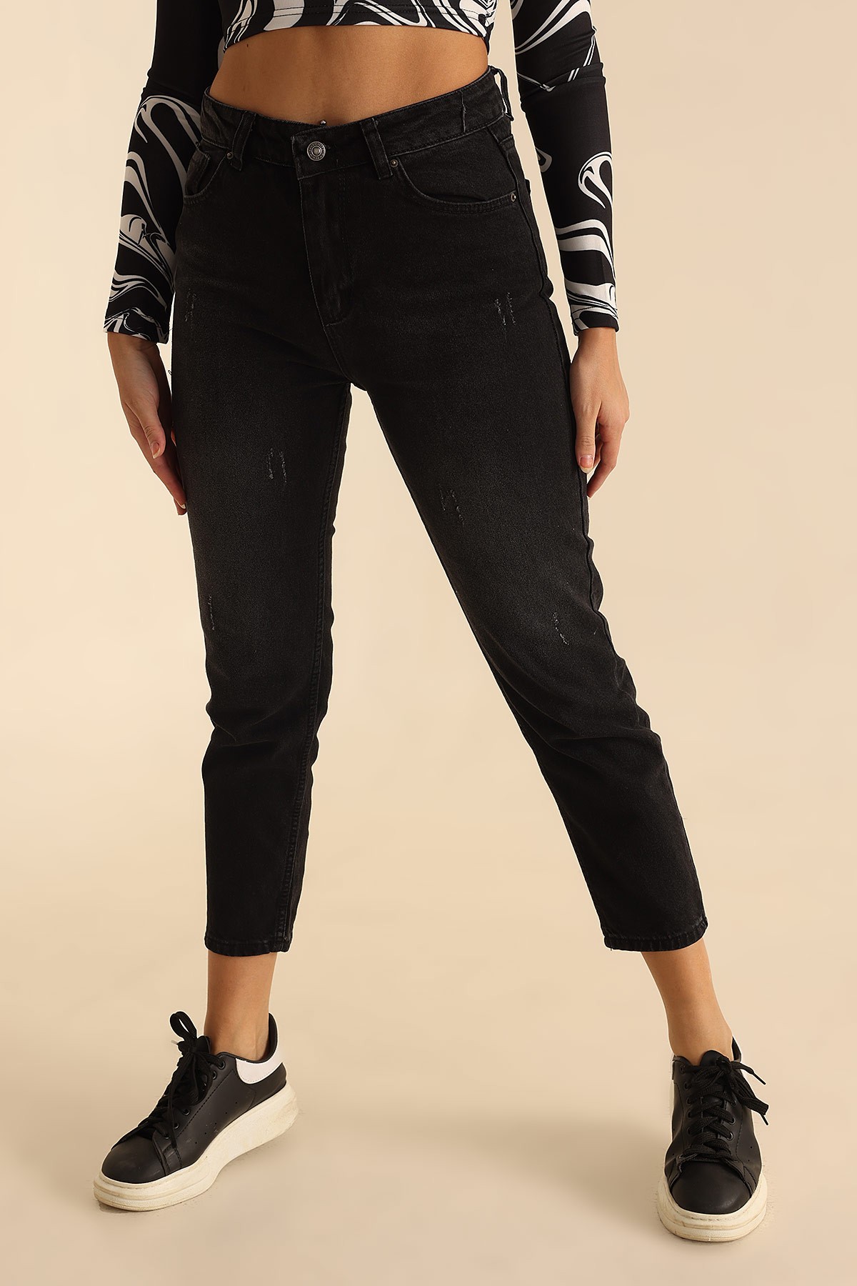 Lazerli Mom Bayan Kot Pantolon 210202 | ModamızBir | Modamizbir.Com