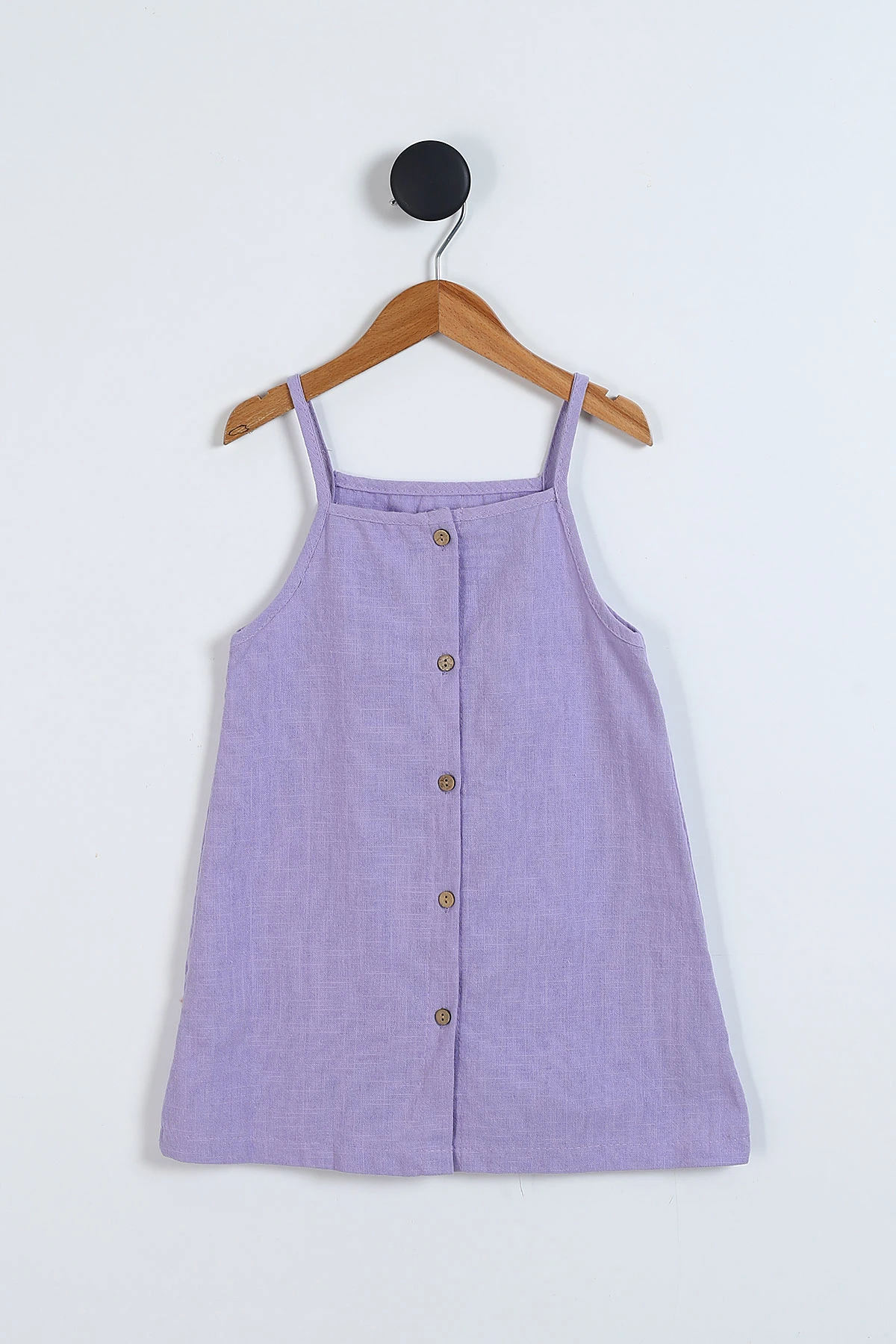 Lila (3-8 Yaş) İp Askılı Ön Düğmeli Müslin Keten Kız Çocuk Elbise 348016