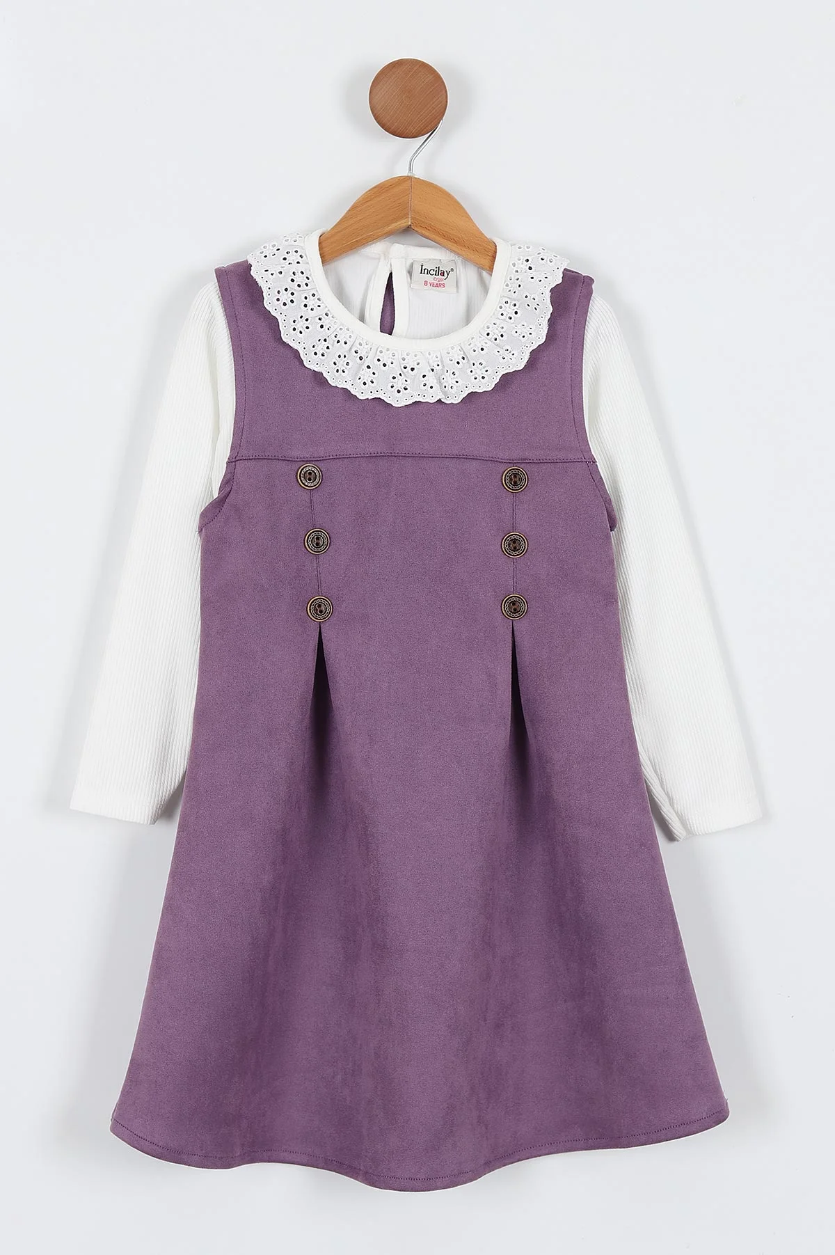 Lila (8-12 Yaş) Önden Düğmeli Güpürlü Badili Kız Çocuk Süet Jile Elbise ...