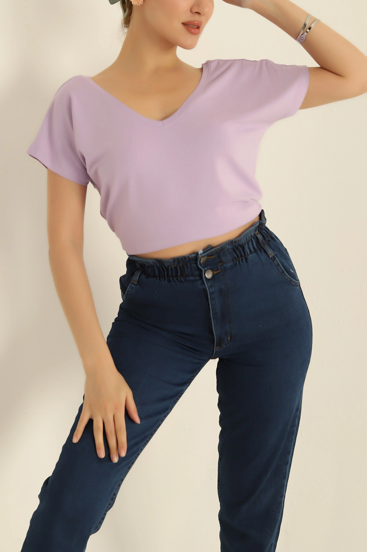 Lila V Yaka Bayan Tişört 276326