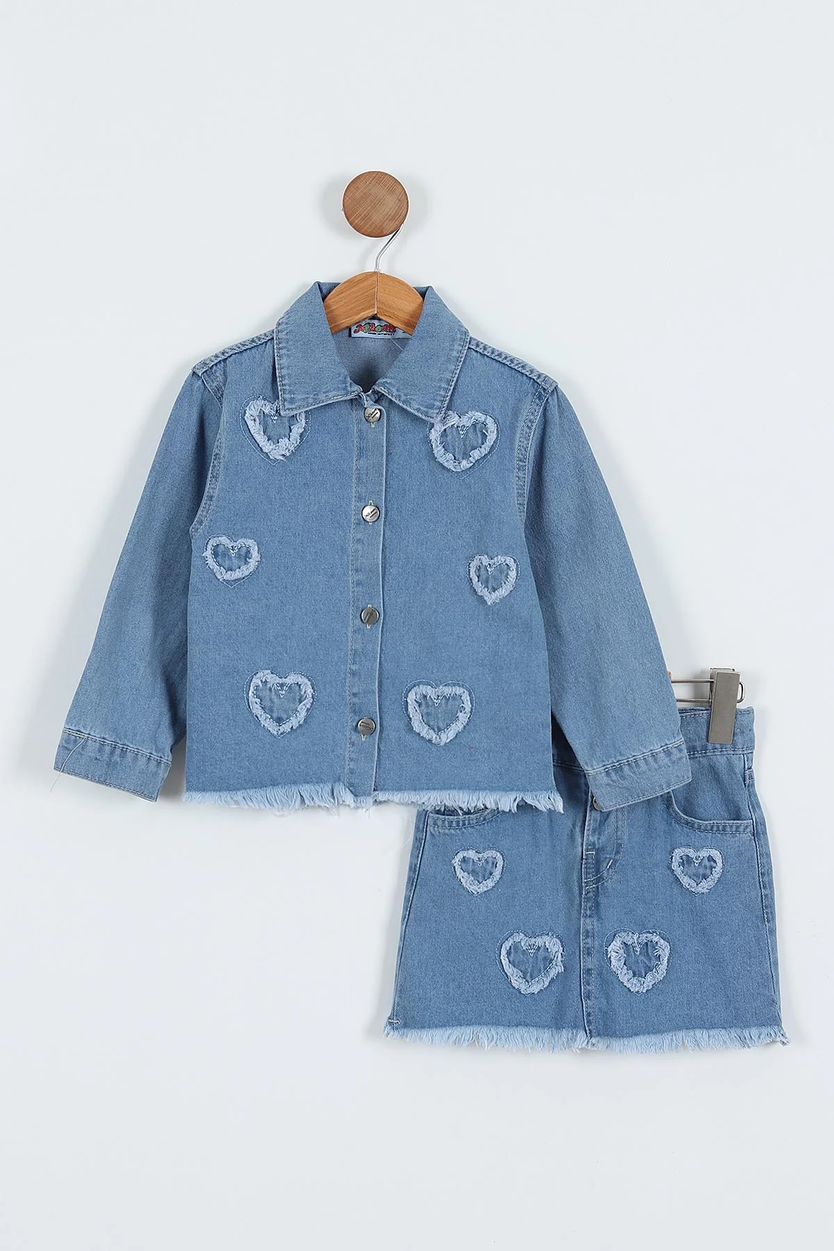 Mavi (3-10 Yaş)Kalp Nakışlı Ön Düğmeli Etekli Kız Çocuk Kot Takım 352402