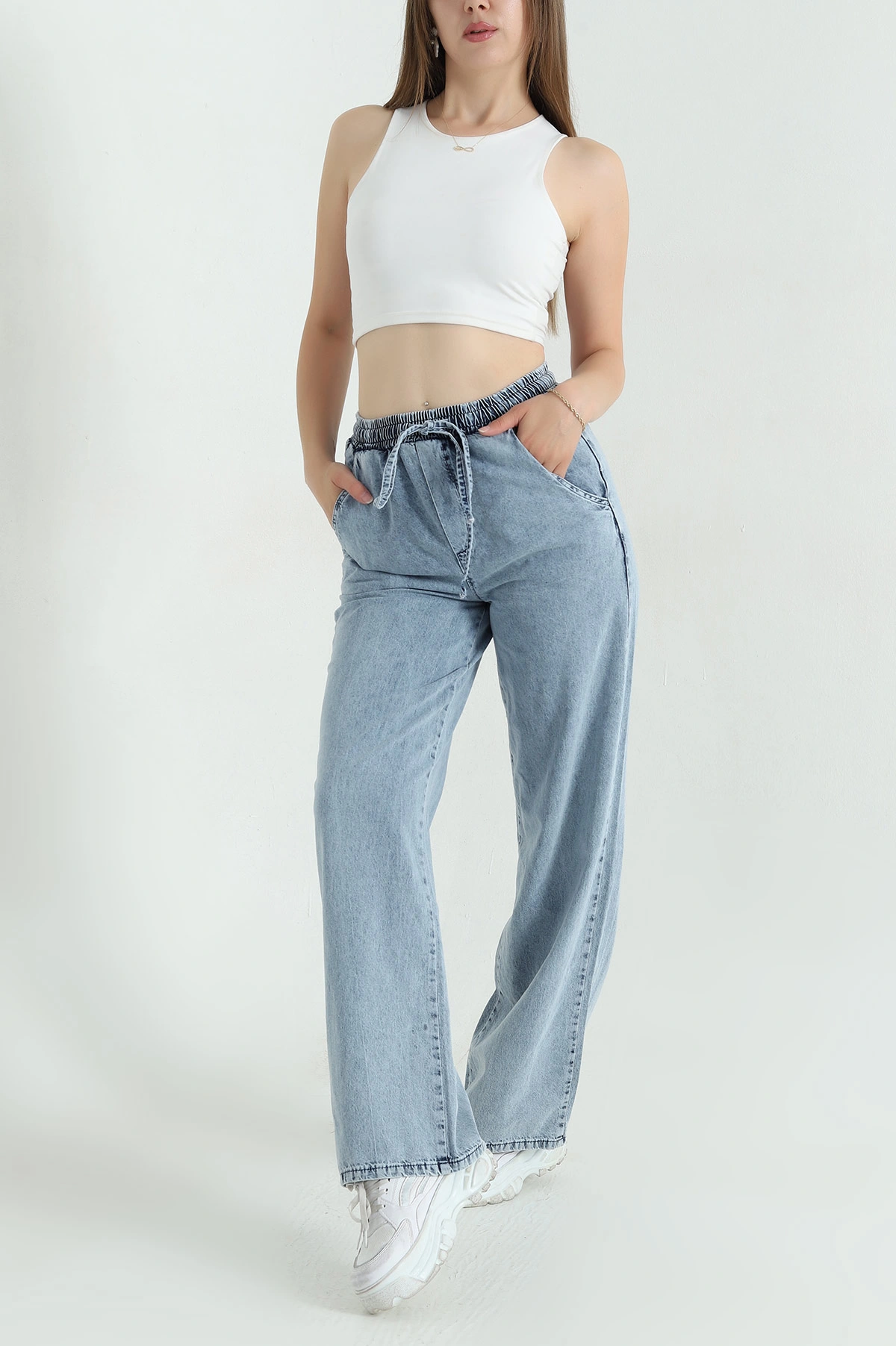 Mavi Bel Lastikli Kordonlu Kar Yıkama Kadın Kot Pantolon 370842