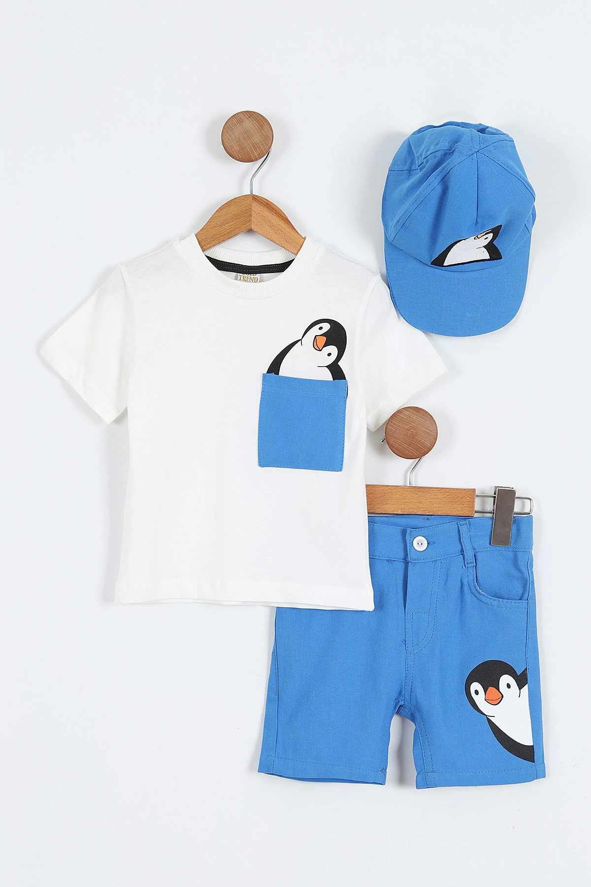 Mavi Beyaz (3-6 Yaş) Penguen Baskılı Şortlu Şapkalı Erkek Çocuk Yazlık ...