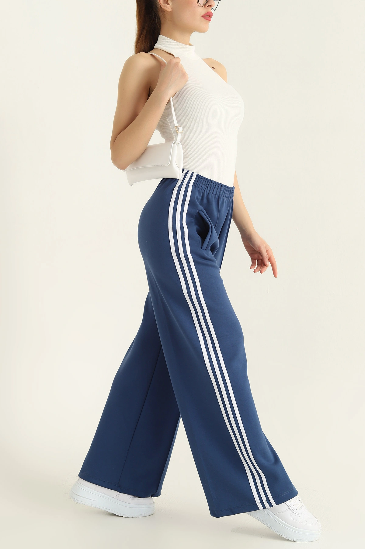 Mavi Çimalı Şeritli Modal Kumaş Pantolon 320074