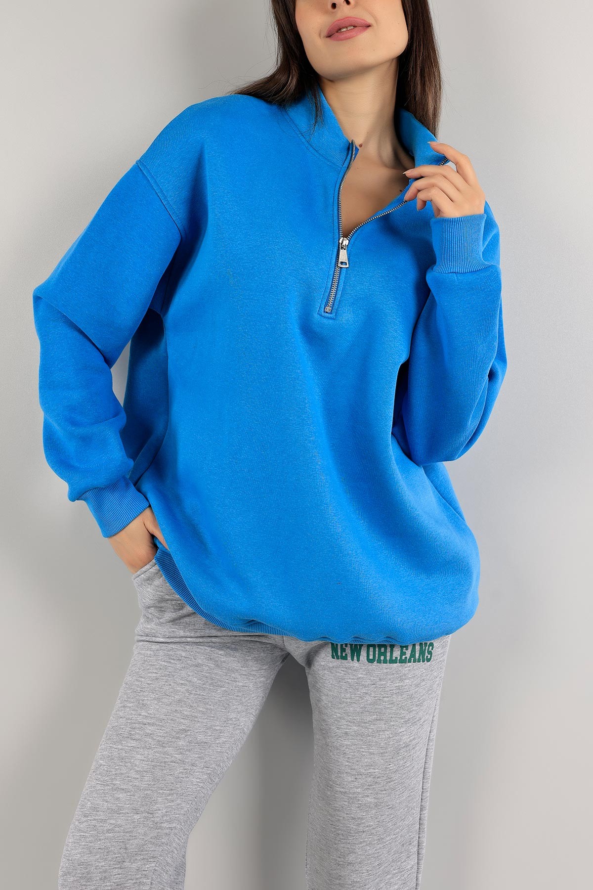 Mavi Fermuarlı Şardonlu Sweat 138522 | ModamızBir | Modamizbir.Com