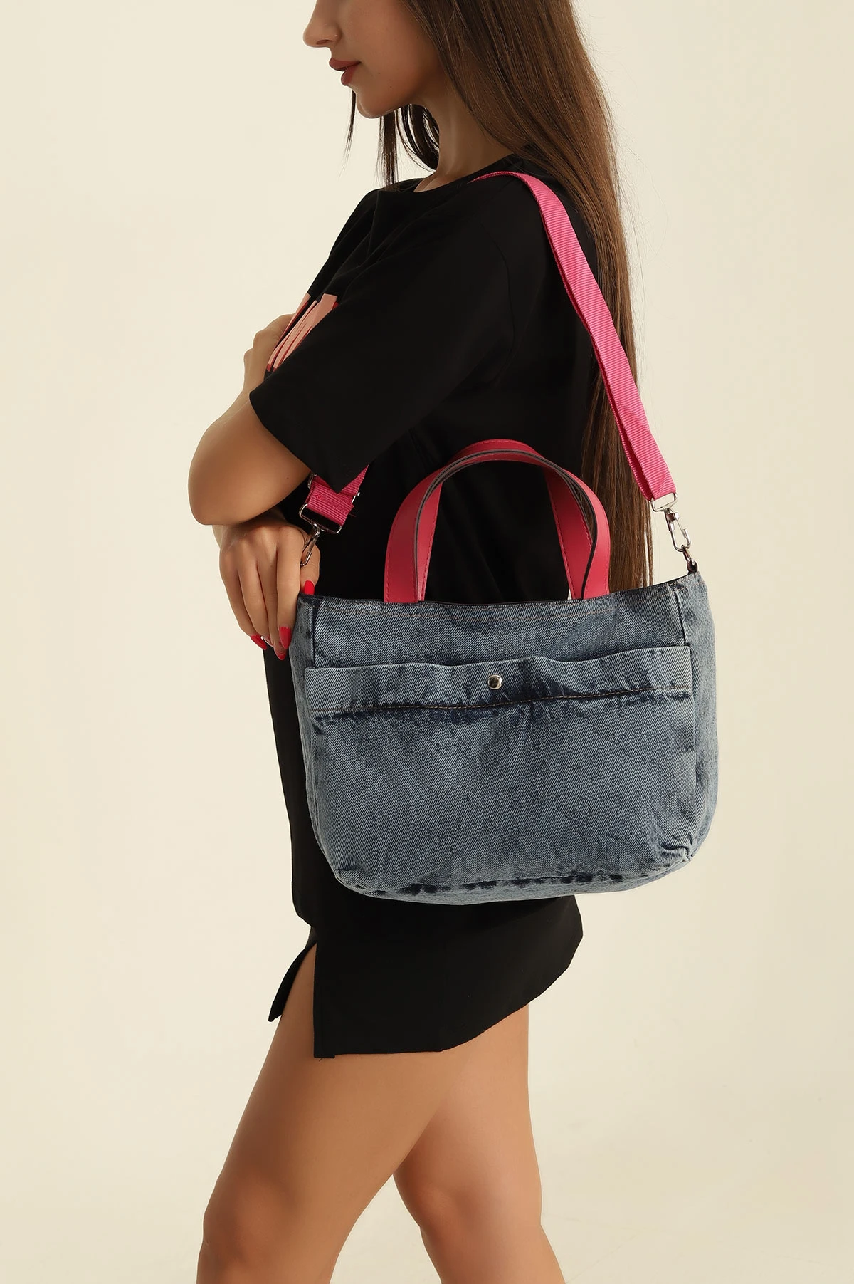 Mavi Fuşya Kot Mıknatıs Kapaklı Fermuarlı Kadın El Kol ve Omuz Çantası ...