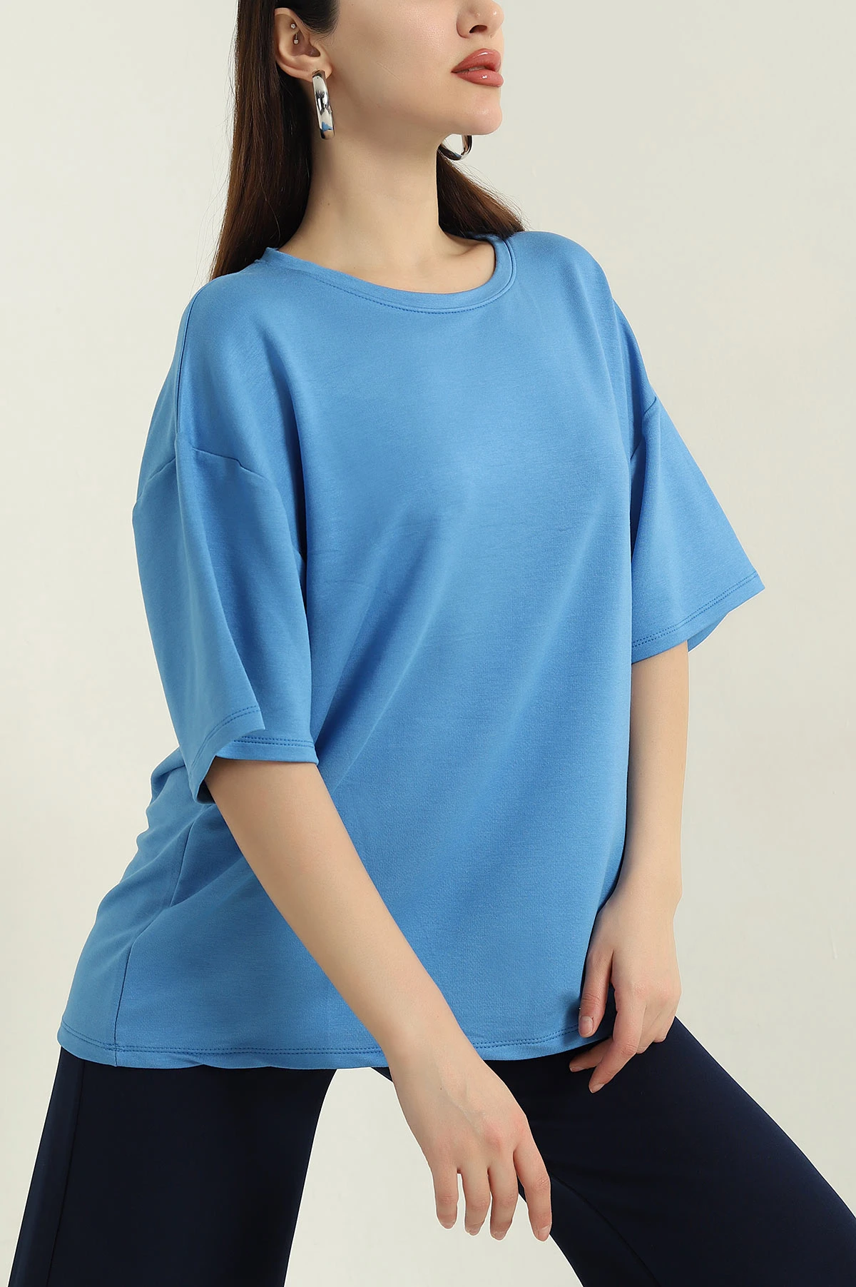 Mavi İki İp Oversize Kadın Tişört 352807
