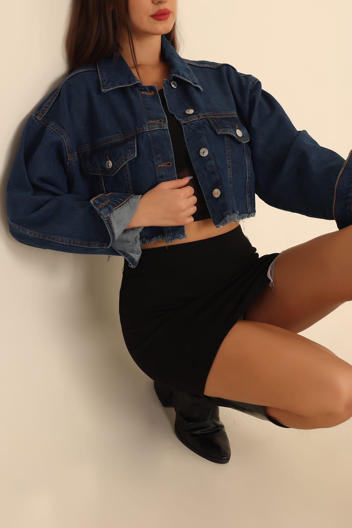 Mavi Lazer Kesim Crop Kot Ceket 208837 | ModamızBir | Modamizbir.Com