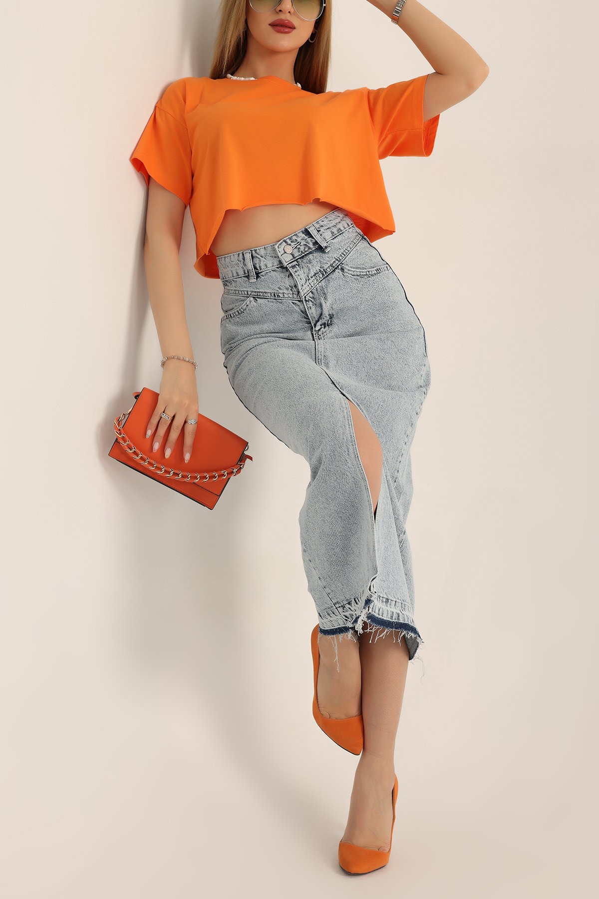 Mavi Lazer Kesim Kot Etek 176997 | ModamızBir | Modamizbir.Com