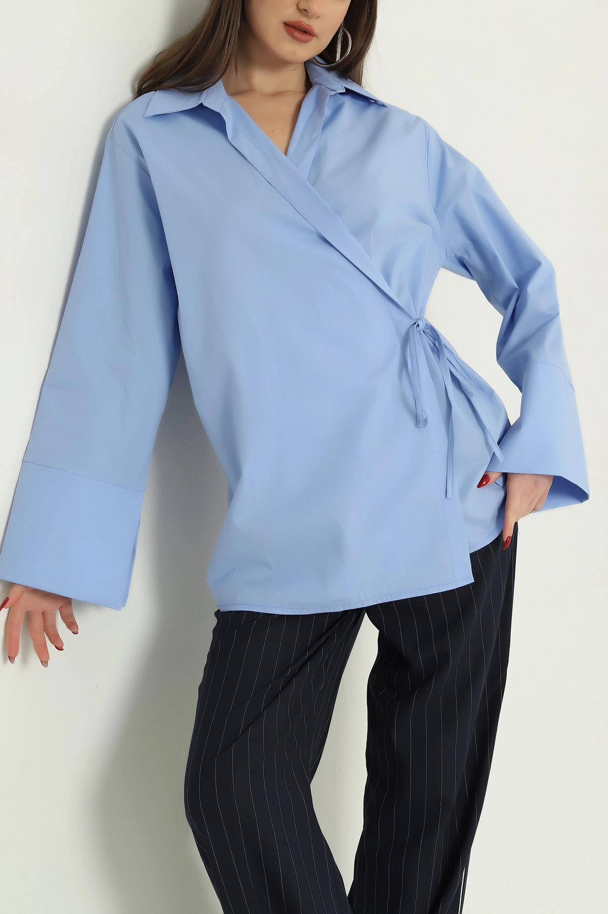 Mavi Poplin Bağlamalı Bayan Gömlek 334342