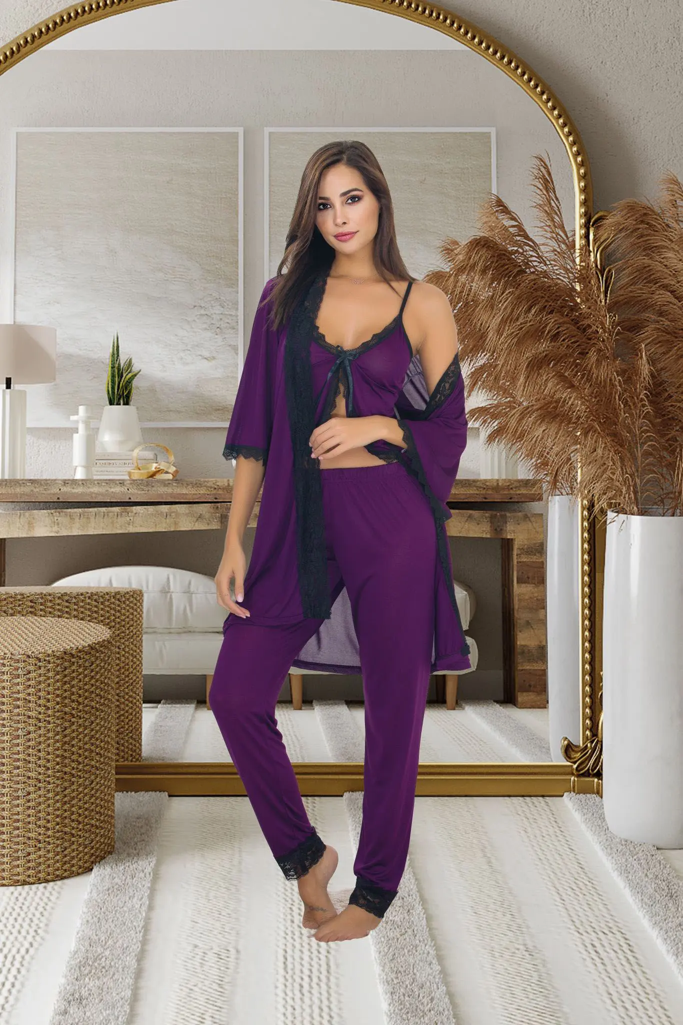 Mor Dantel Detaylı Sabahlıklı Üç Parça Pijama Gecelik Takımı 292721