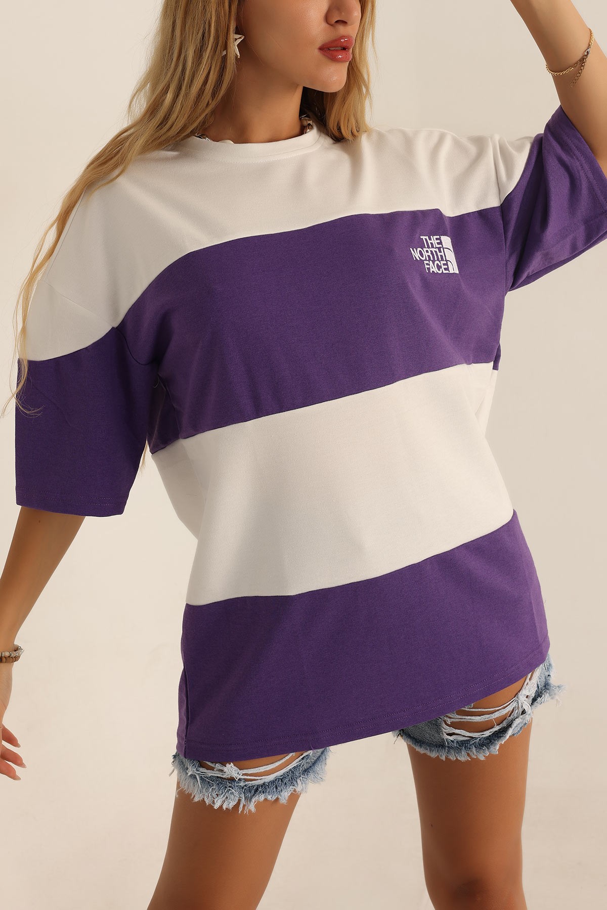 Mor Nakışlı İki İp Oversize Tişört 193659 | ModamızBir | Modamizbir.Com