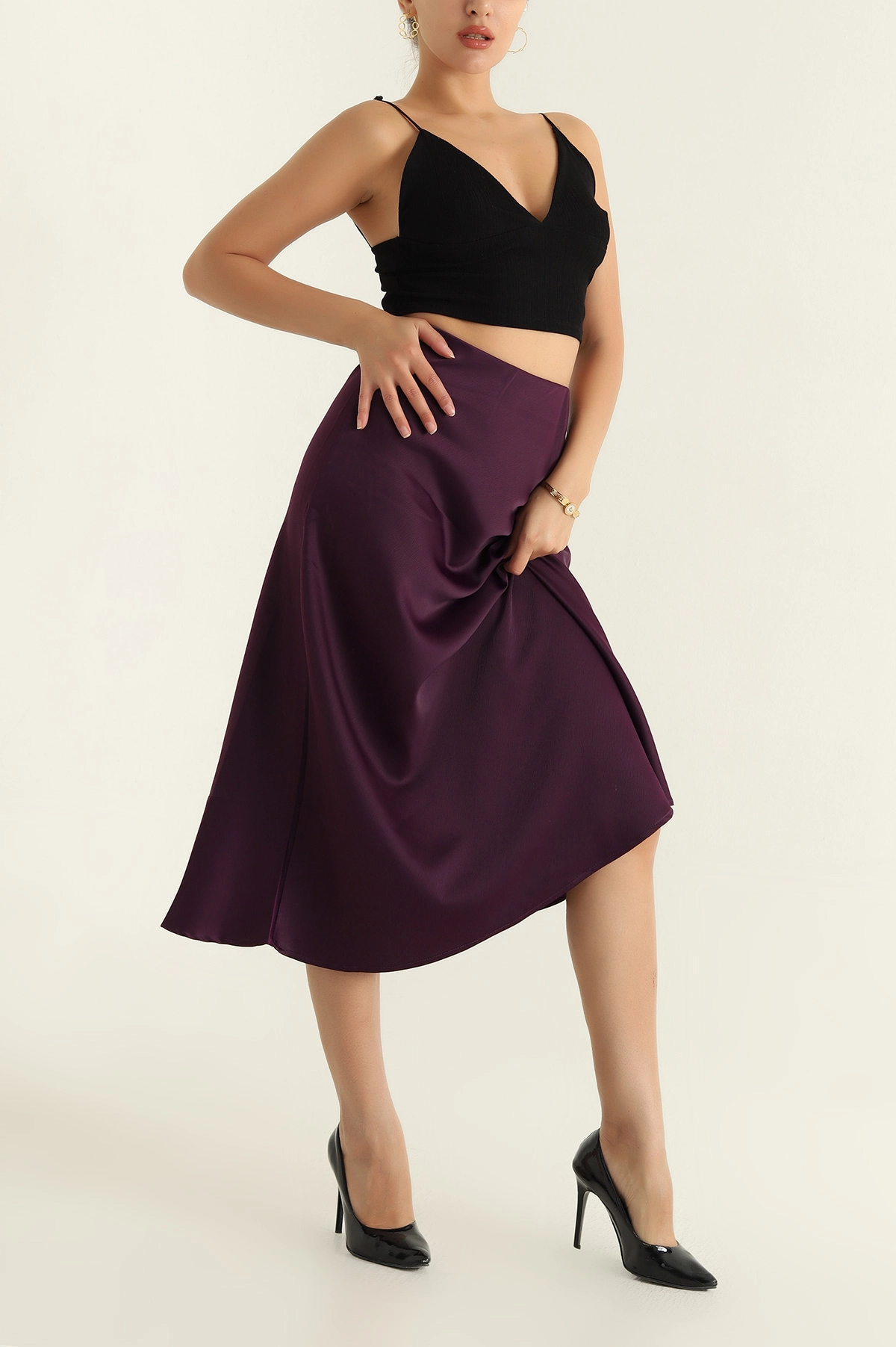 Mor Saten Beli Lastikli Etek 305013