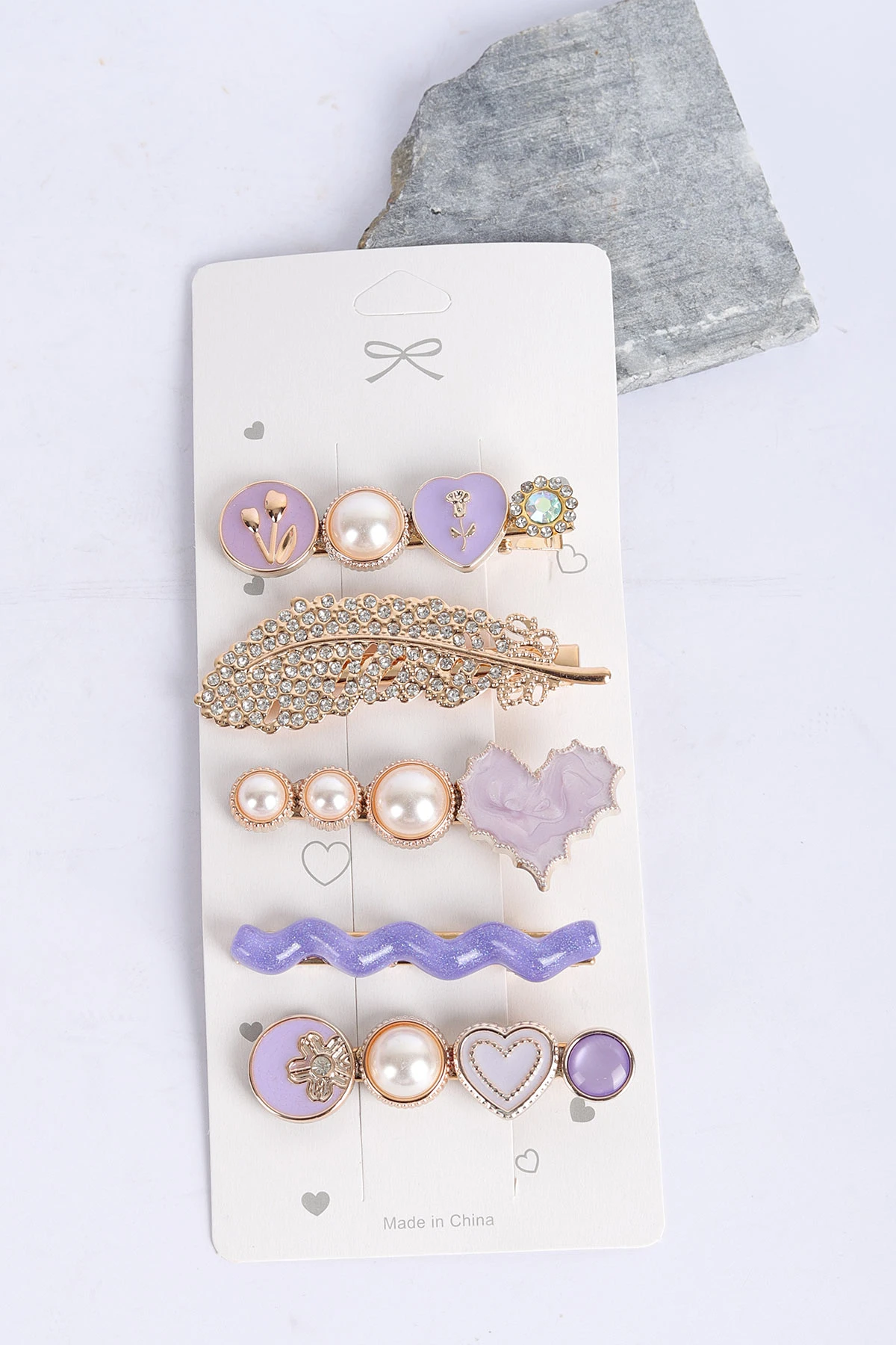 Mor Tüy Model İncili 5'li Klips Pens Toka Seti 317574