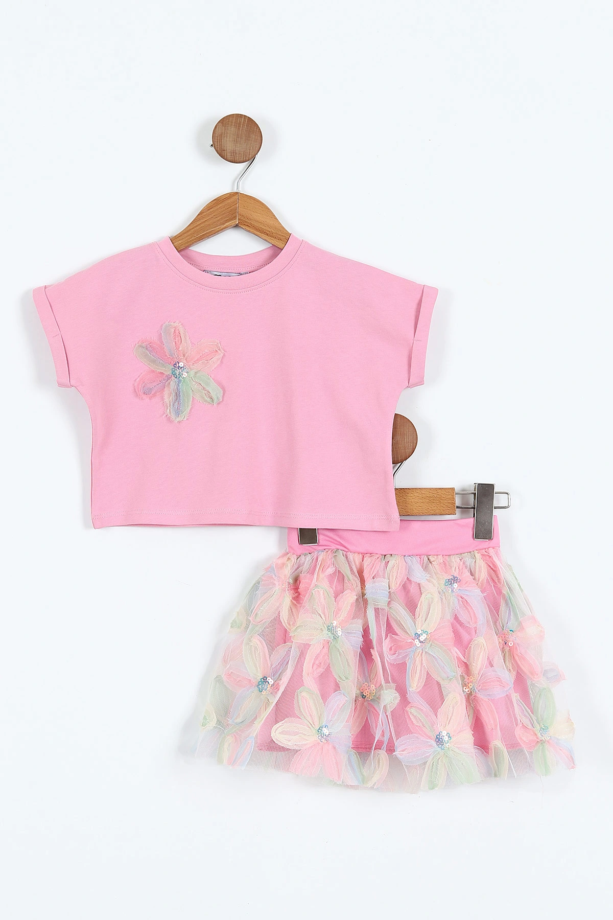 Pembe (3-10 Yaş)Pullu Tişörtlü Tüllü Etekli Kız Çocuk Yazlık Takım 364951