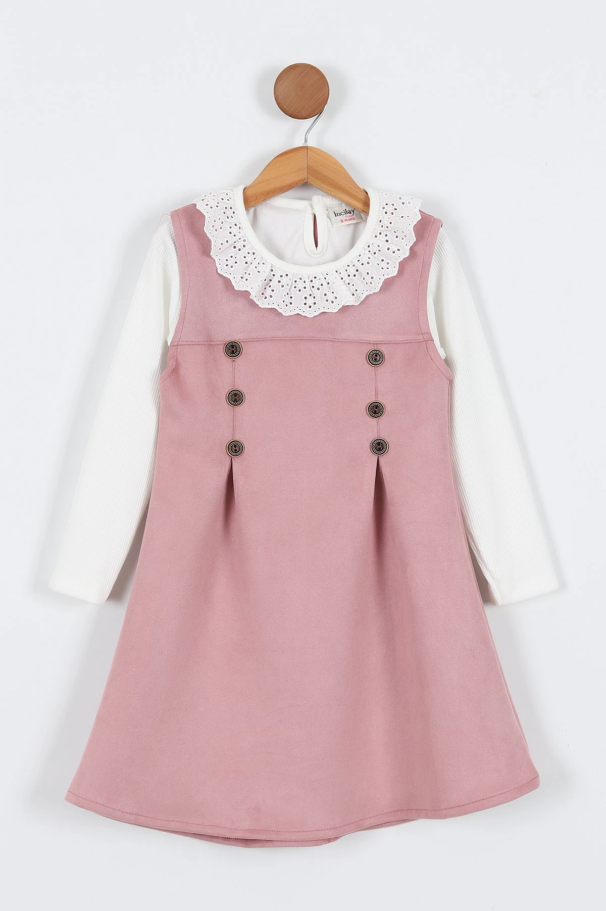 Pembe (8-12 Yaş) Önden Düğmeli Güpürlü Badili Kız Çocuk Süet Jile ...