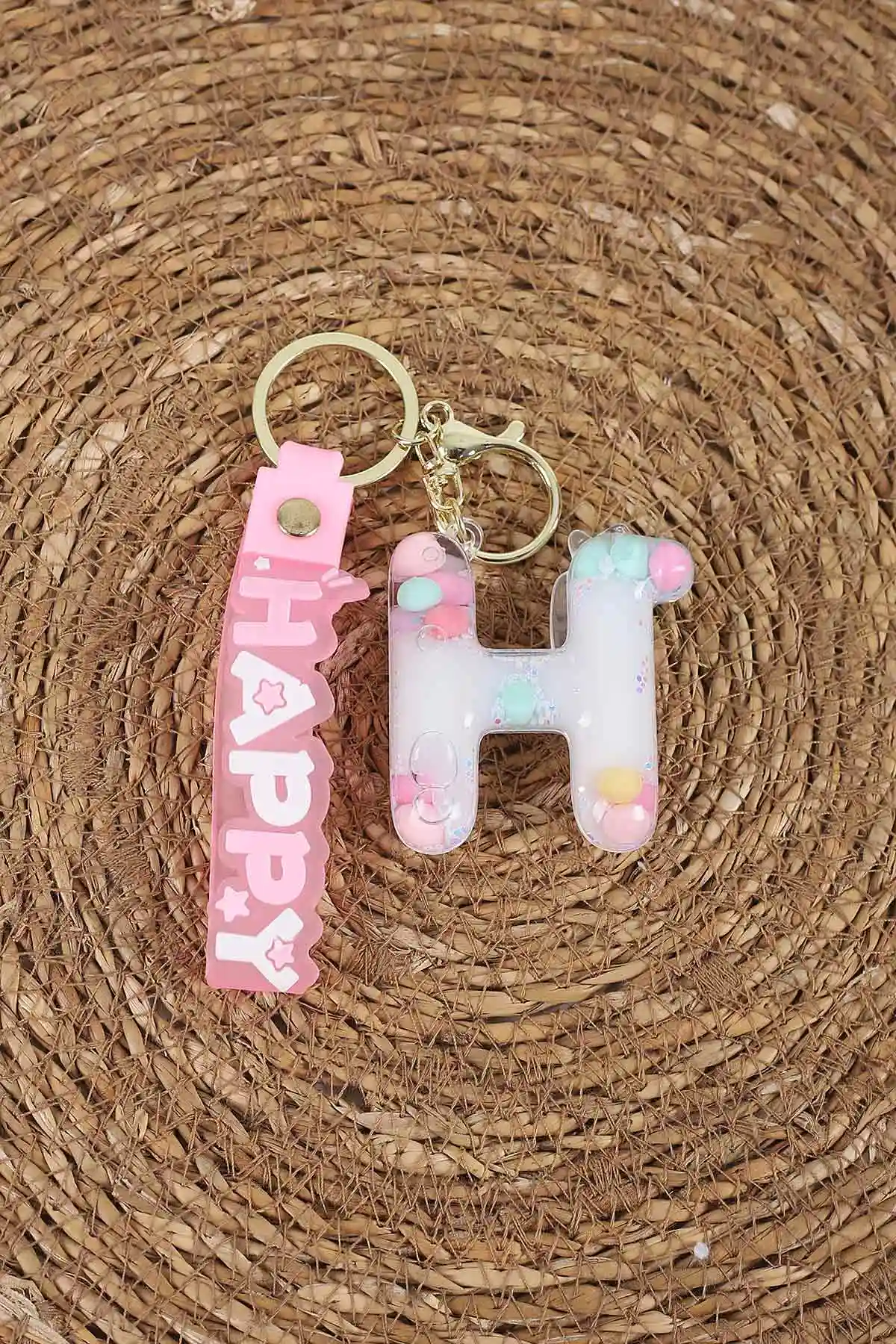 Pembe H Harfi Epoksi İçi Sulu Sevimli Anahtarlık 418097