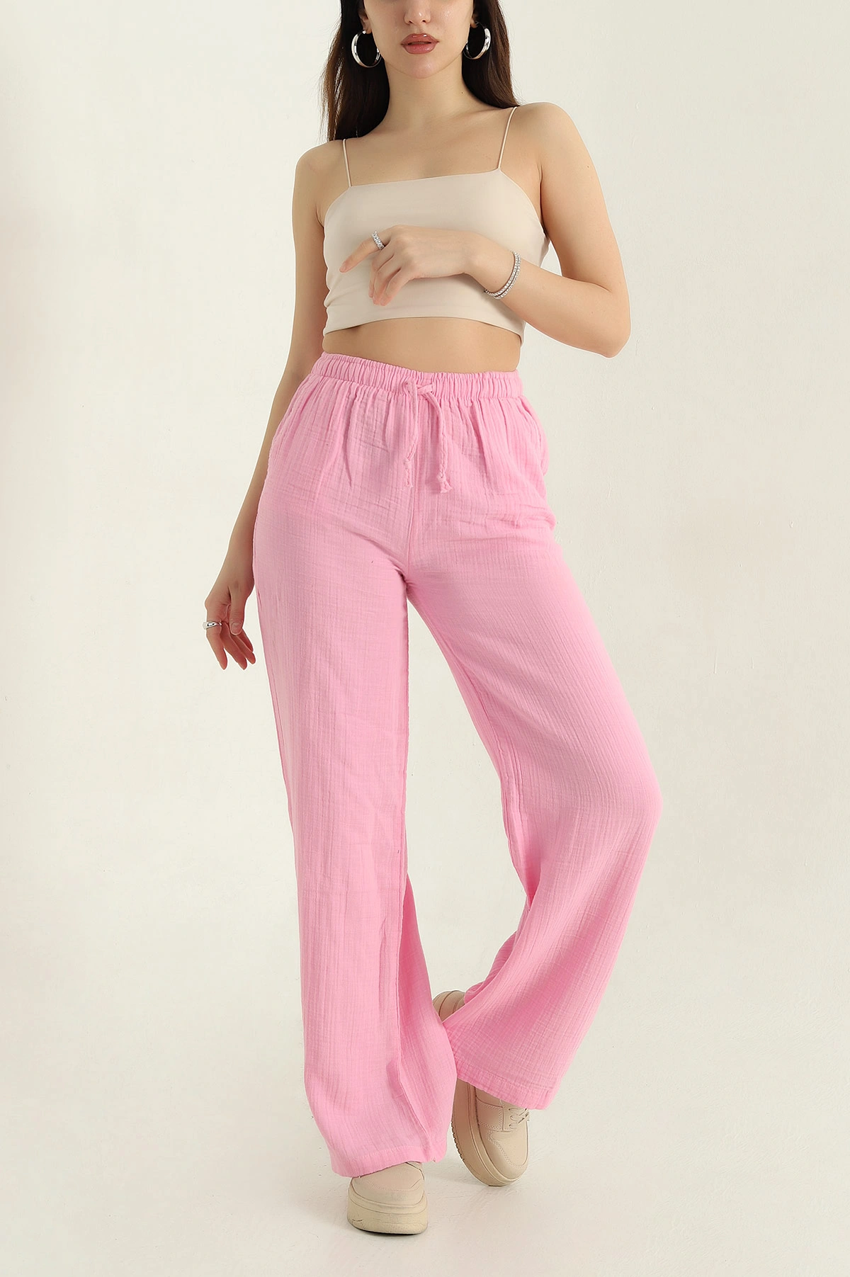 Pembe Müslin Beli Lastikli Palazzo Kadın Pantolon 351086