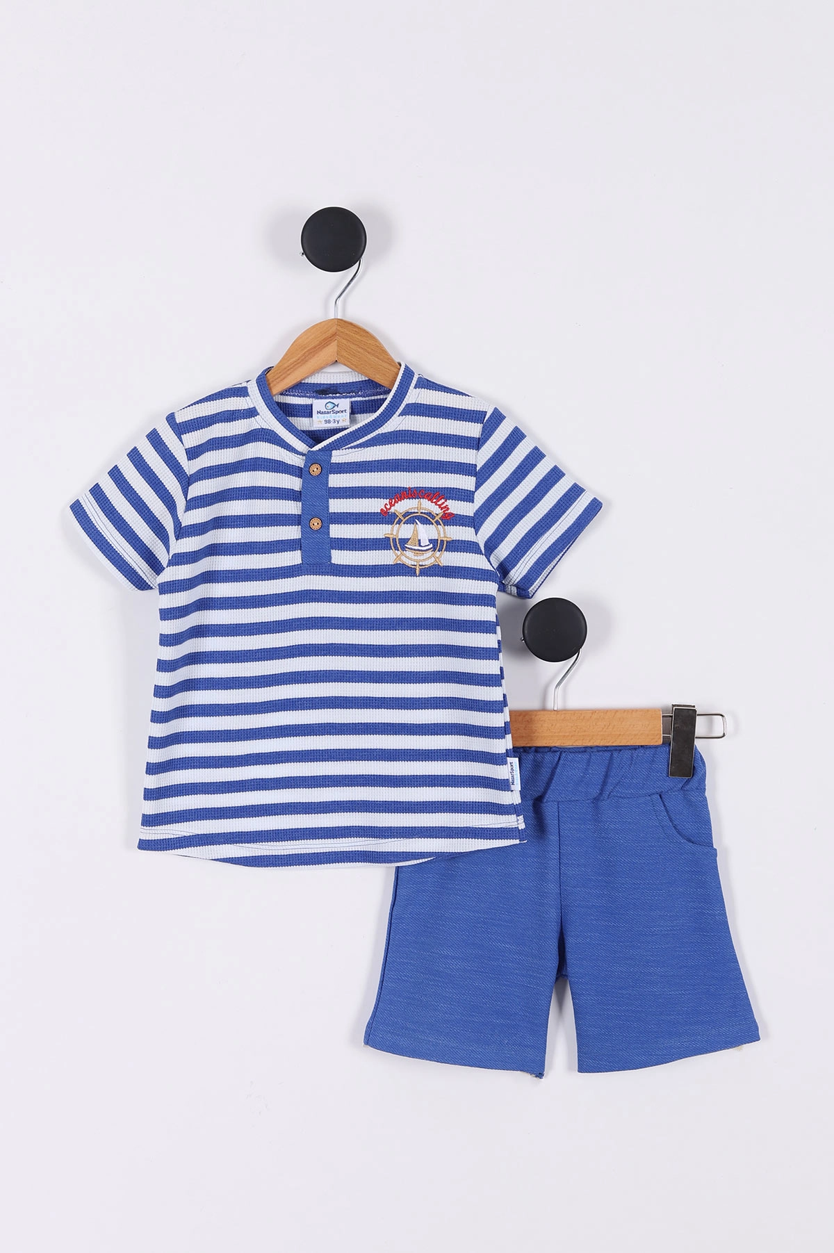 Saks Mavisi 7-10 Yaş) Çizgili Petek Kumaş Erkek Çocuk Takım 277377 ...