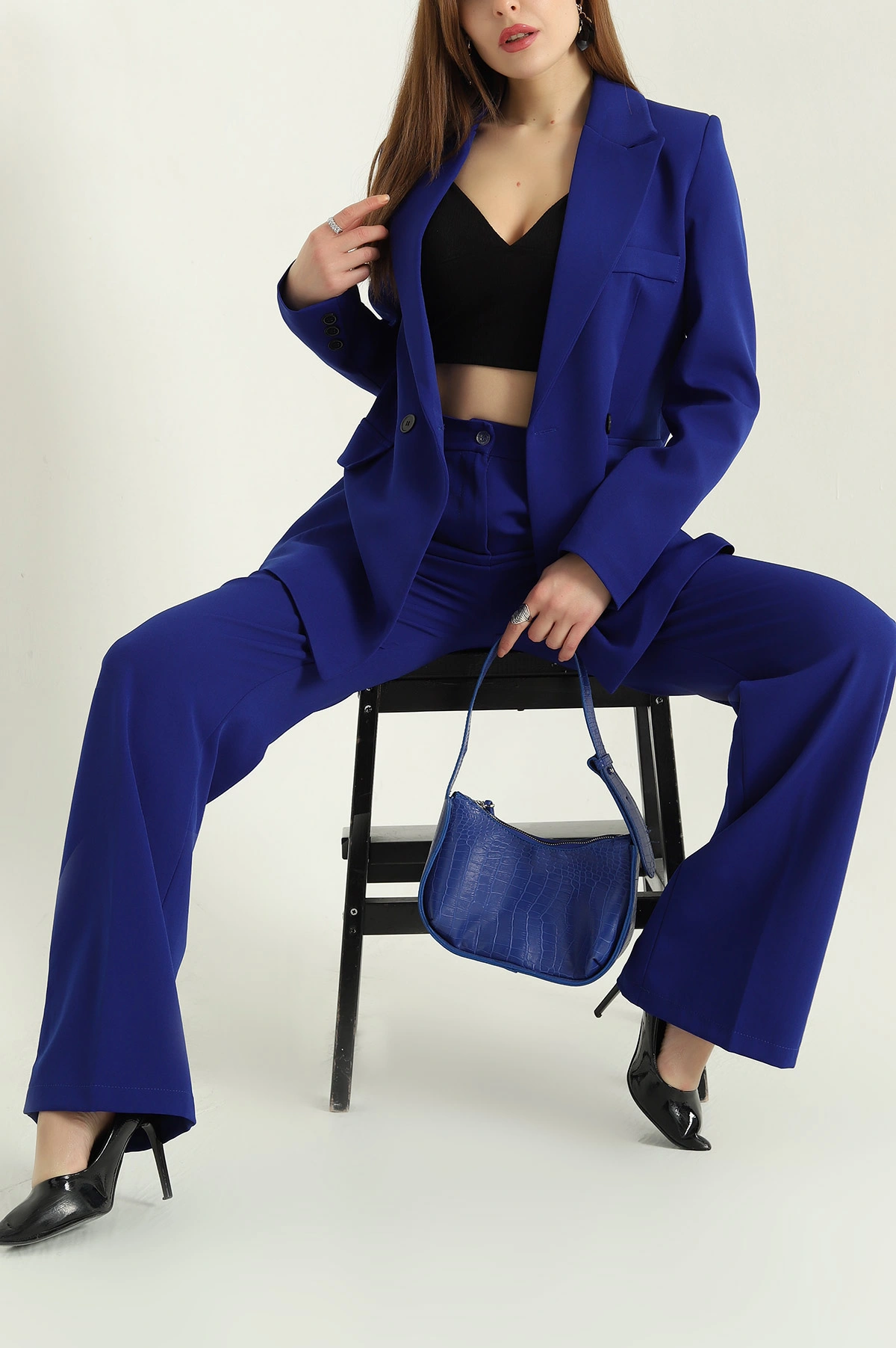 Saks Mavisi Atlas Astarlı Çift Düğme Bayan İkili Takım 333676