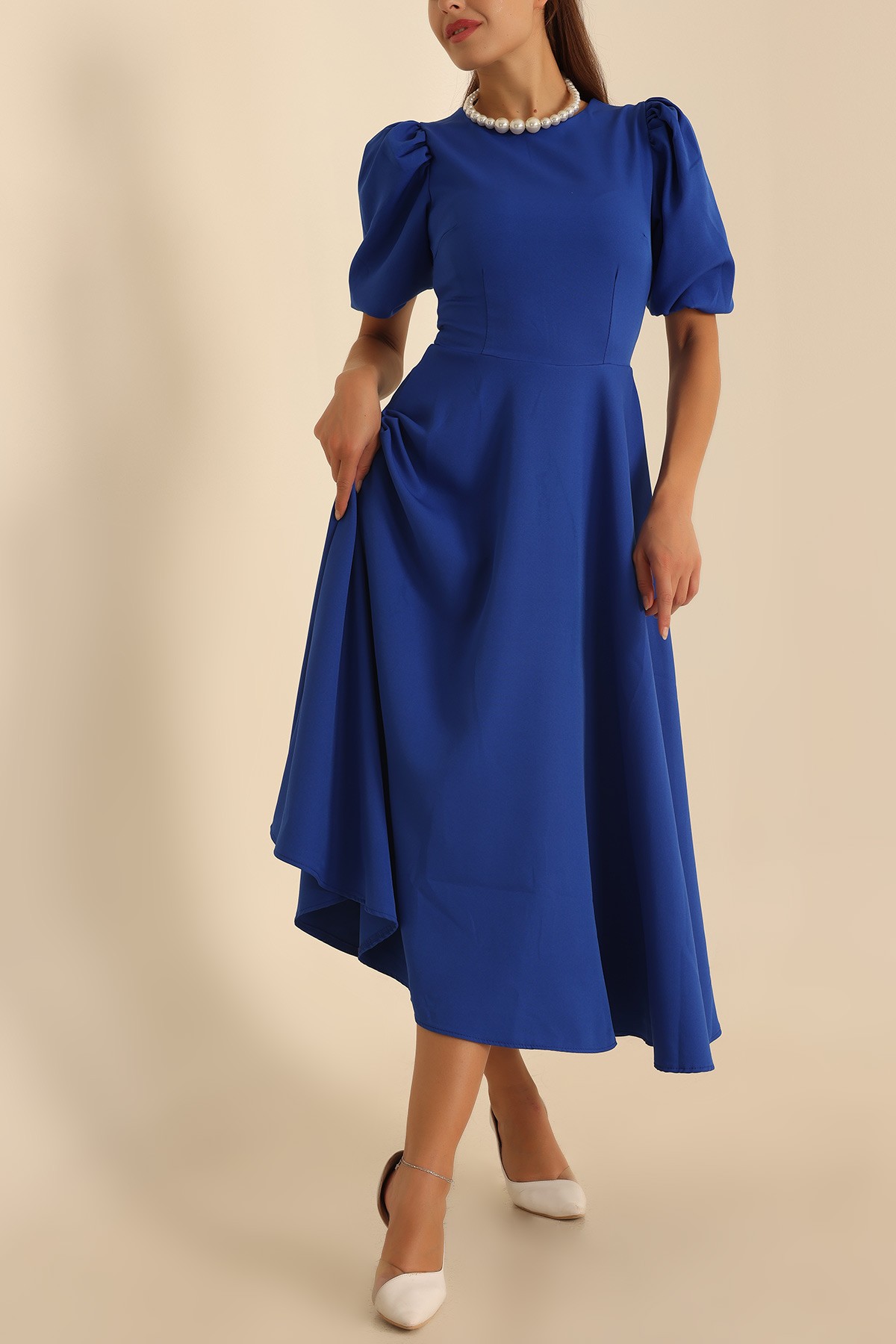 Saks Mavisi Atlas Kumaş Çan Elbise 203011 | ModamızBir | Modamizbir.Com