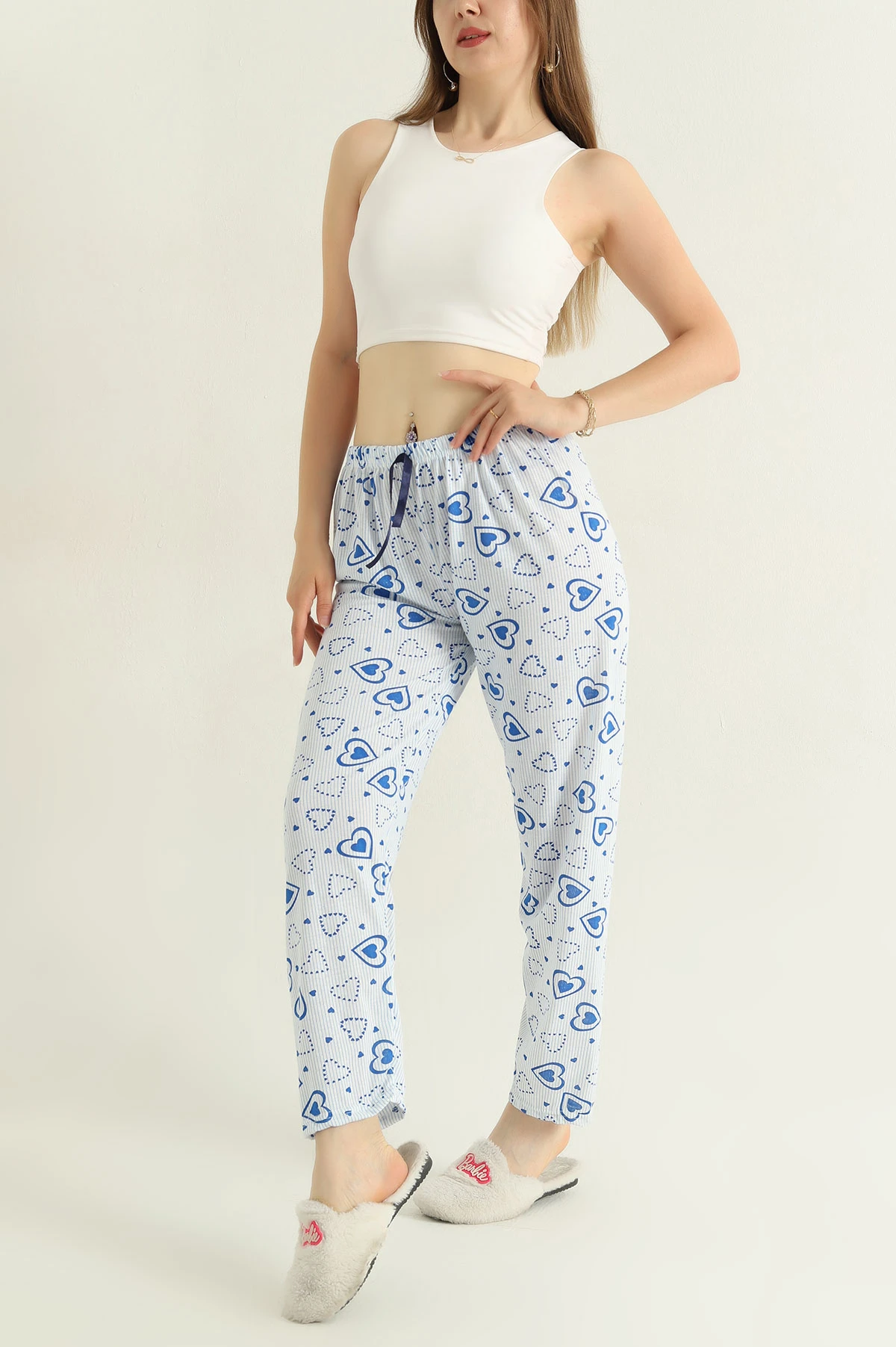 Saks Mavisi Beli Lastikli Desenli Kadın Pijama Altı 364833