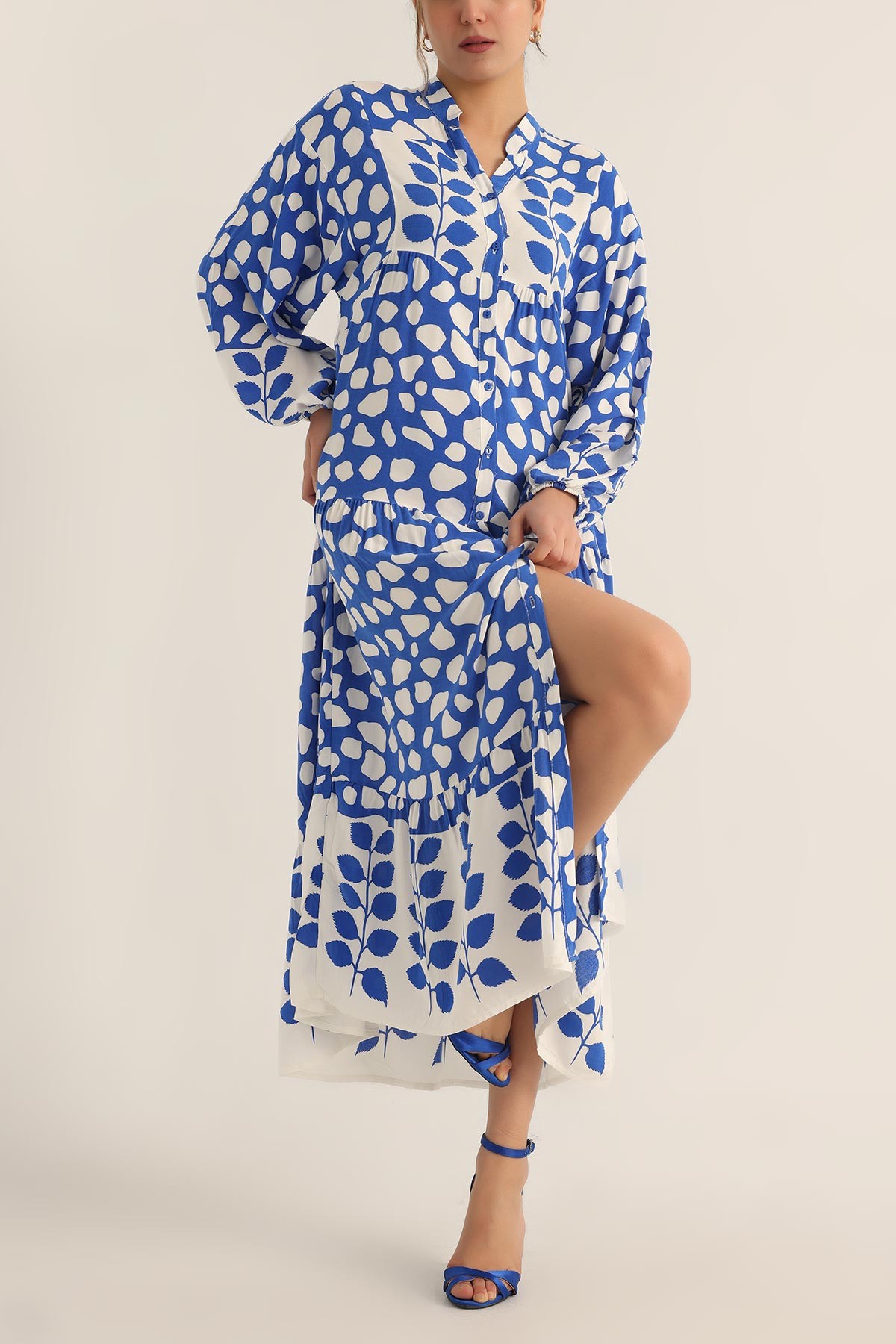 Saks Mavisi Boydan Düğmeli Dokuma Elbise 176610 | ModamızBir ...