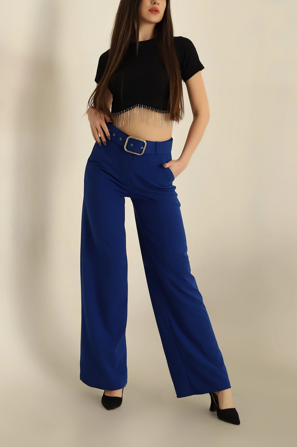 Saks Mavisi Kemerli Palazzo Pantolon 258353 | ModamızBir | Modamizbir.Com