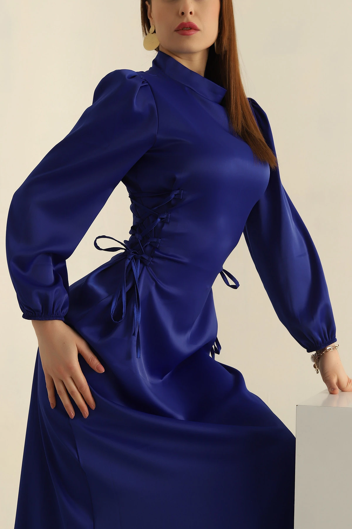 Saks Mavisi Saten Aerobin Büzgülü Abiye 252107 | ModamızBir ...