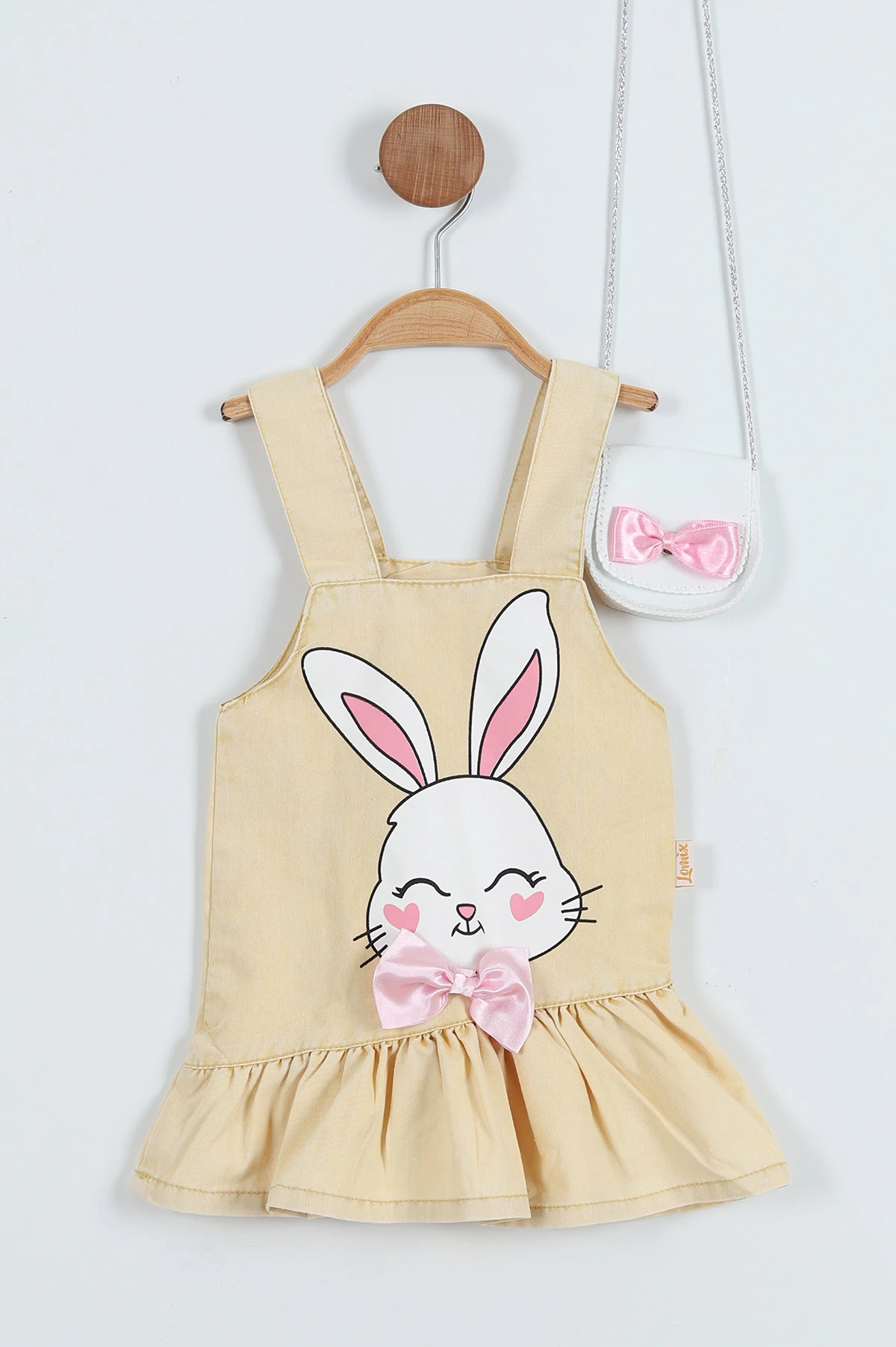 Sarı (9-24 Ay) Tavşan Baskılı Papyonlu Kız Bebek Kot Elbise 275687