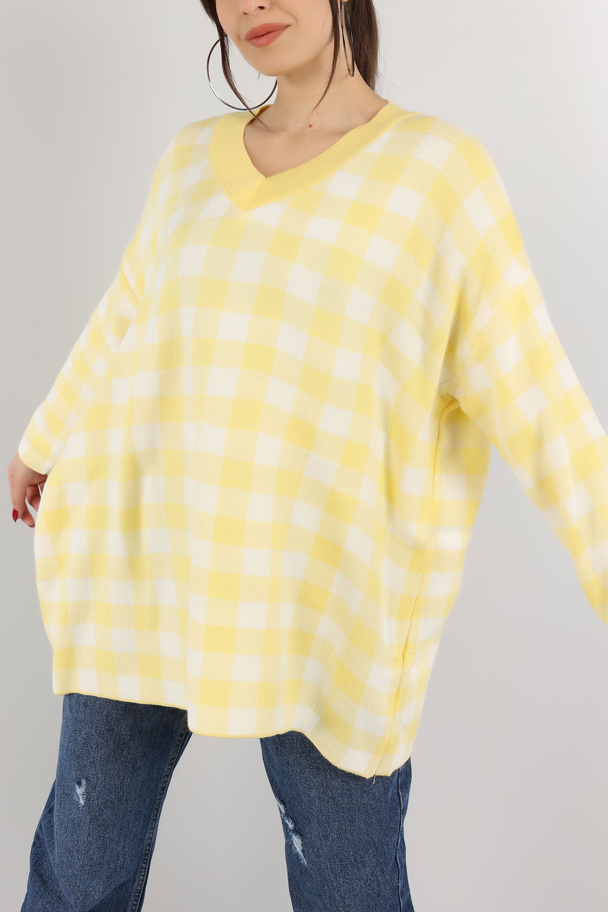 Sarı Damalı Bayan Triko Kazak 151395 | ModamızBir | Modamizbir.Com